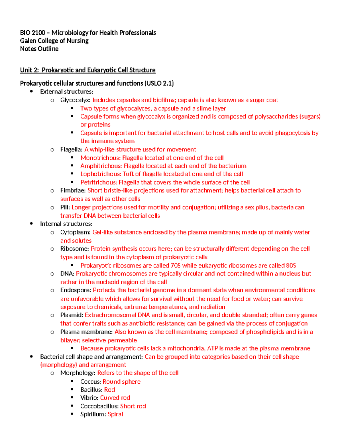 Unit 2 - Unit 2 notes - BIO 2100 – Microbiology for Health ...