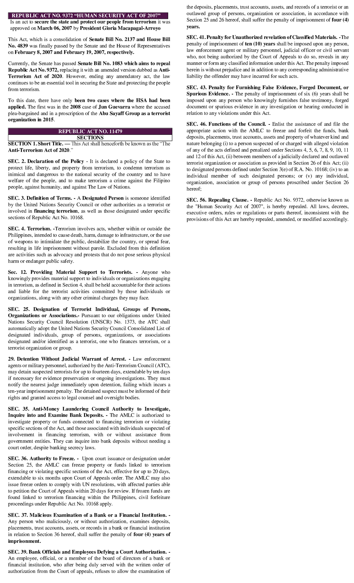 MC Human Security Act of 2007 - REPUBLIC ACT NO. 9372 “HUMAN SECURITY ACT OF 2007” Is an act to ...