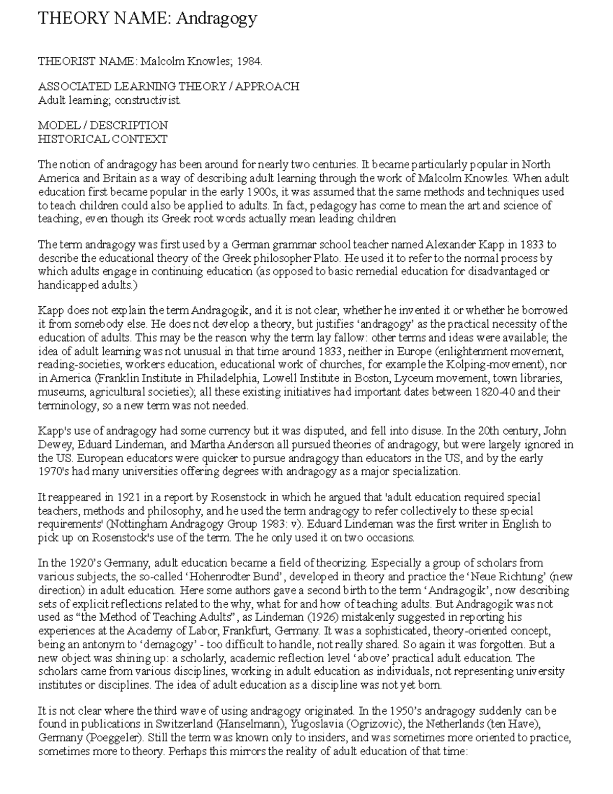 Andragogy II - Book - THEORY NAME: Andragogy THEORIST NAME: Malcolm ...