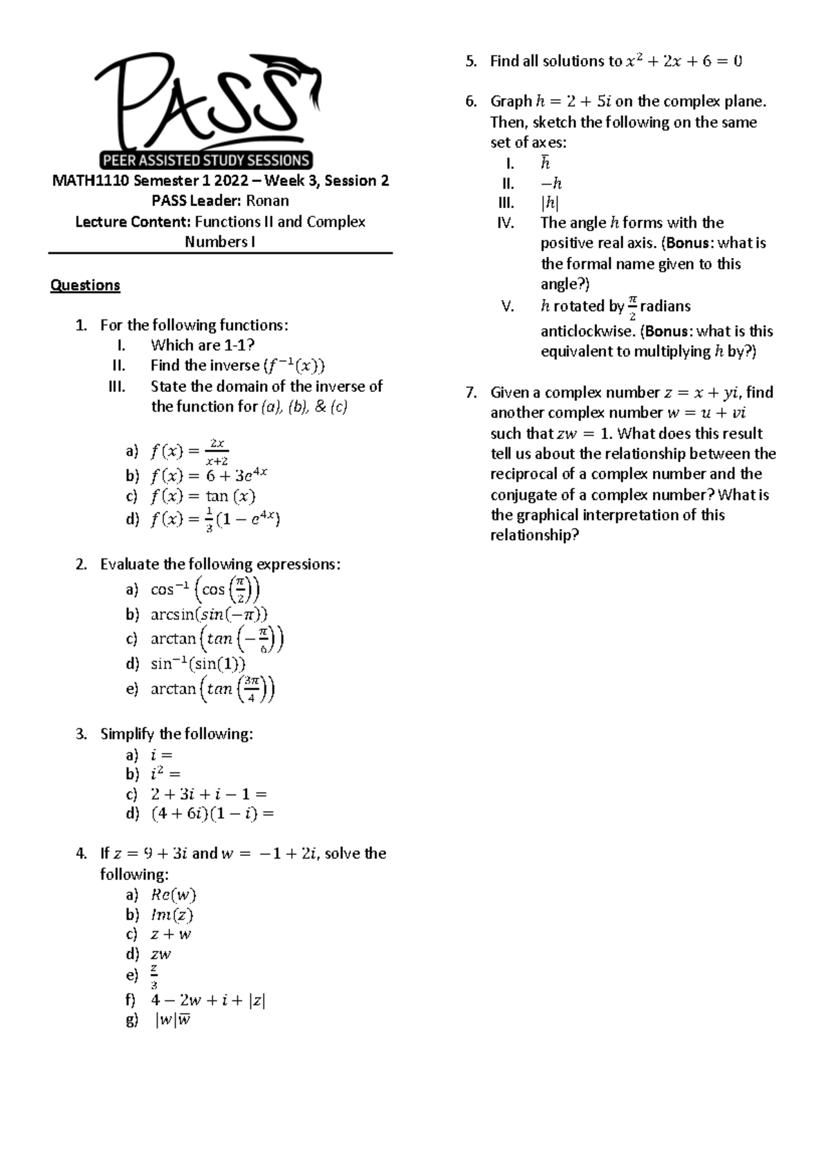 MATH1110 PASS Session 2 Worksheet - Ronan - MATH1110 Semester 1 2022 ...