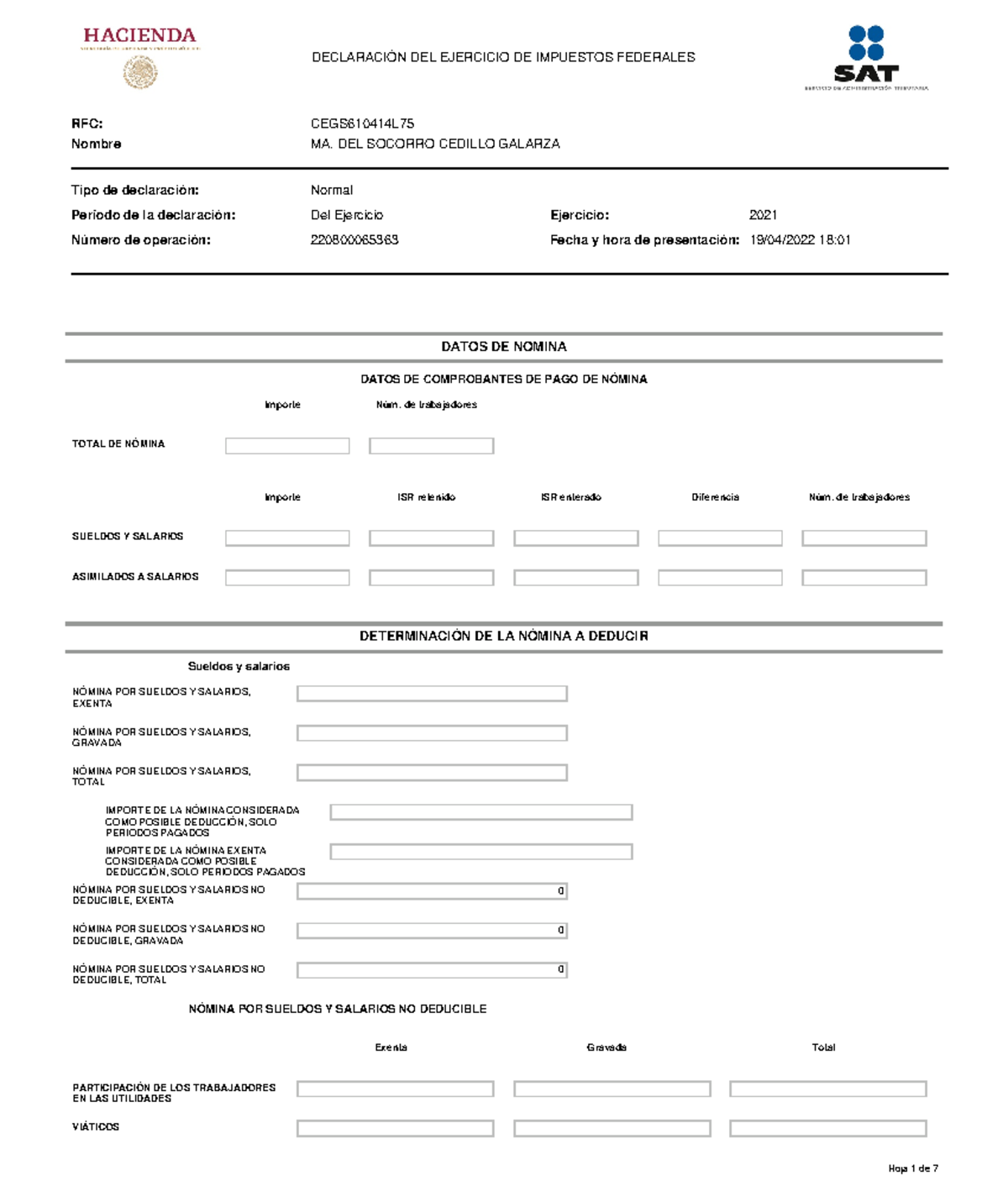 Declaracion Fiscal (11) - DATOS DE NOMINA DATOS DE COMPROBANTES DE PAGO ...