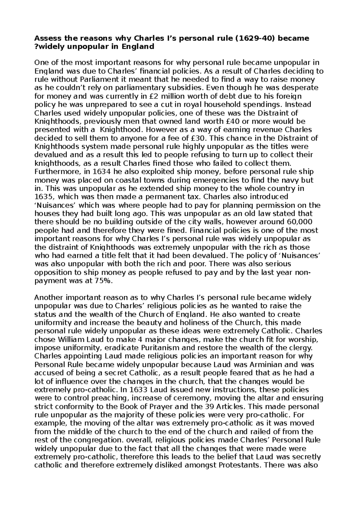 Assess the reasons why Charles I's personal rule was widely unpopular ...