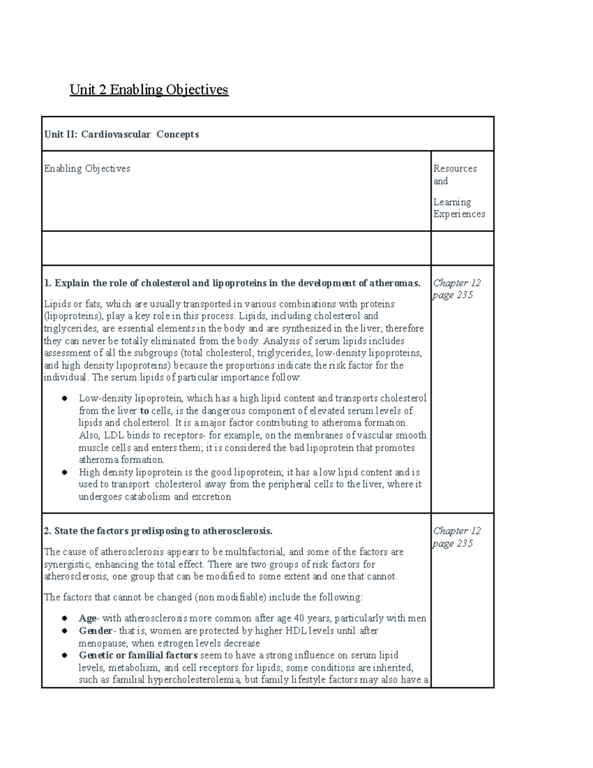 Unit 2 Enabling Objectives - Unit 2 Enabling Objectives Unit II: Cardiovascular Concepts ...