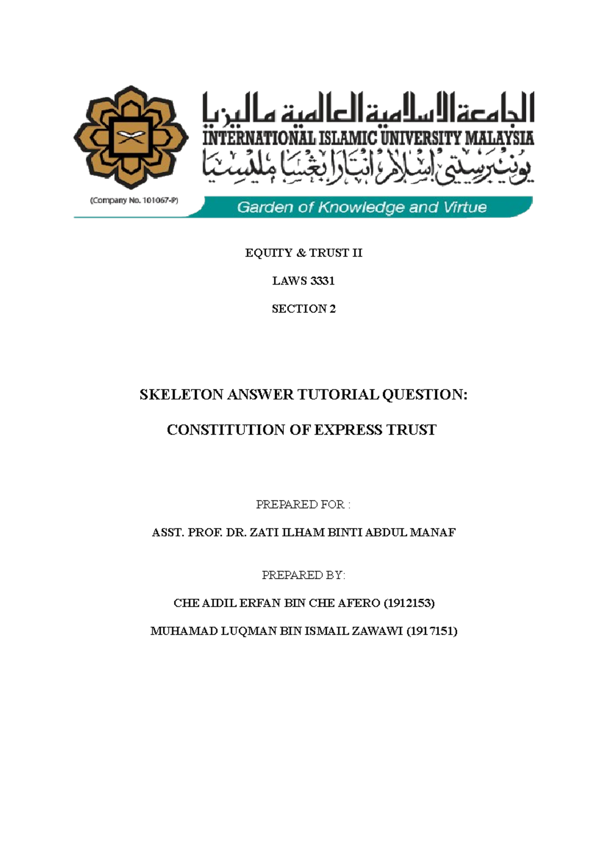 Skeleton Answer (Luqman & Che Aidil) - EQUITY & TRUST II LAWS 3331 ...