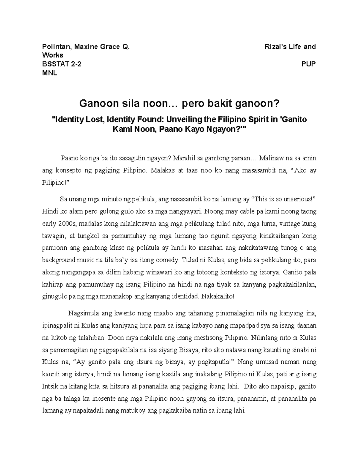 Reflection Paper - Polintan, Maxine Grace Q. Rizal’s Life and Works ...
