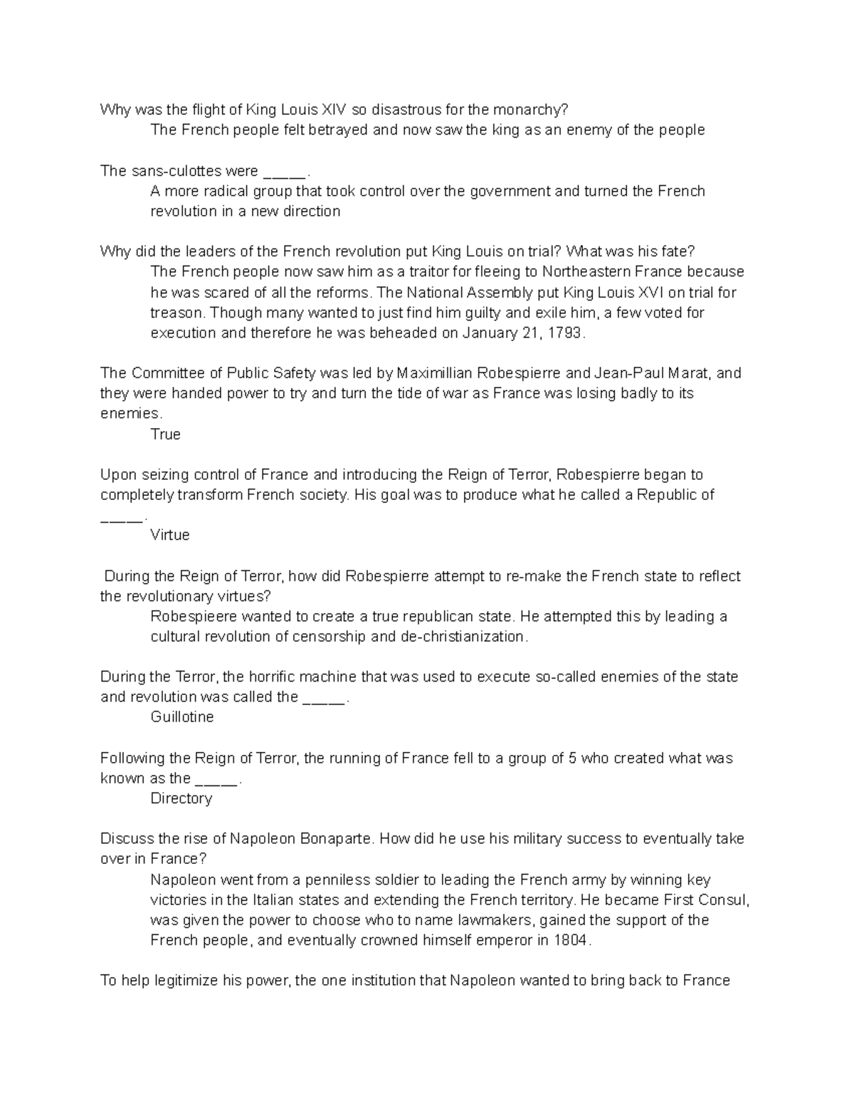 French Revolution - The Terror through Napoleon Quiz study guide - Why ...