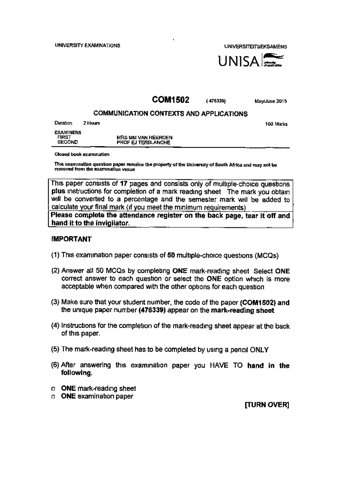 2015 exam question paper with answers. - com1502 - Studocu