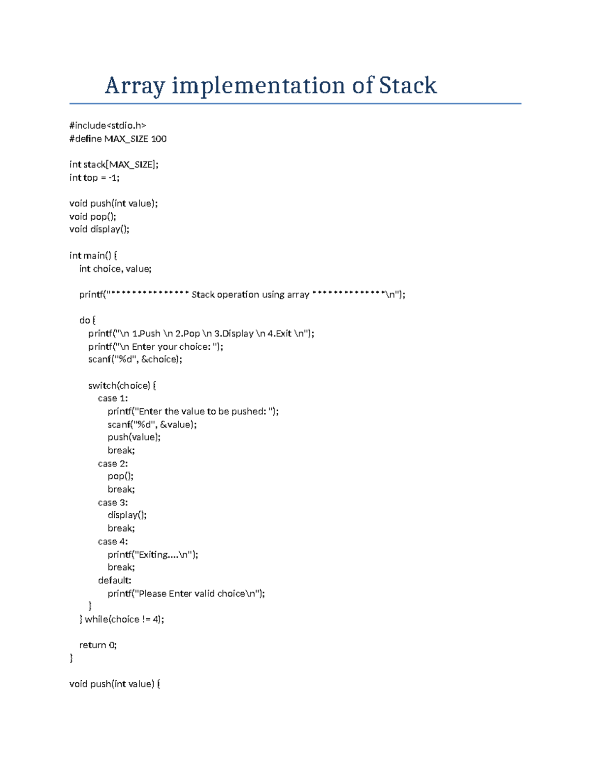 Array Implementation Of Stack Array Implementation Of Stack Include 0301
