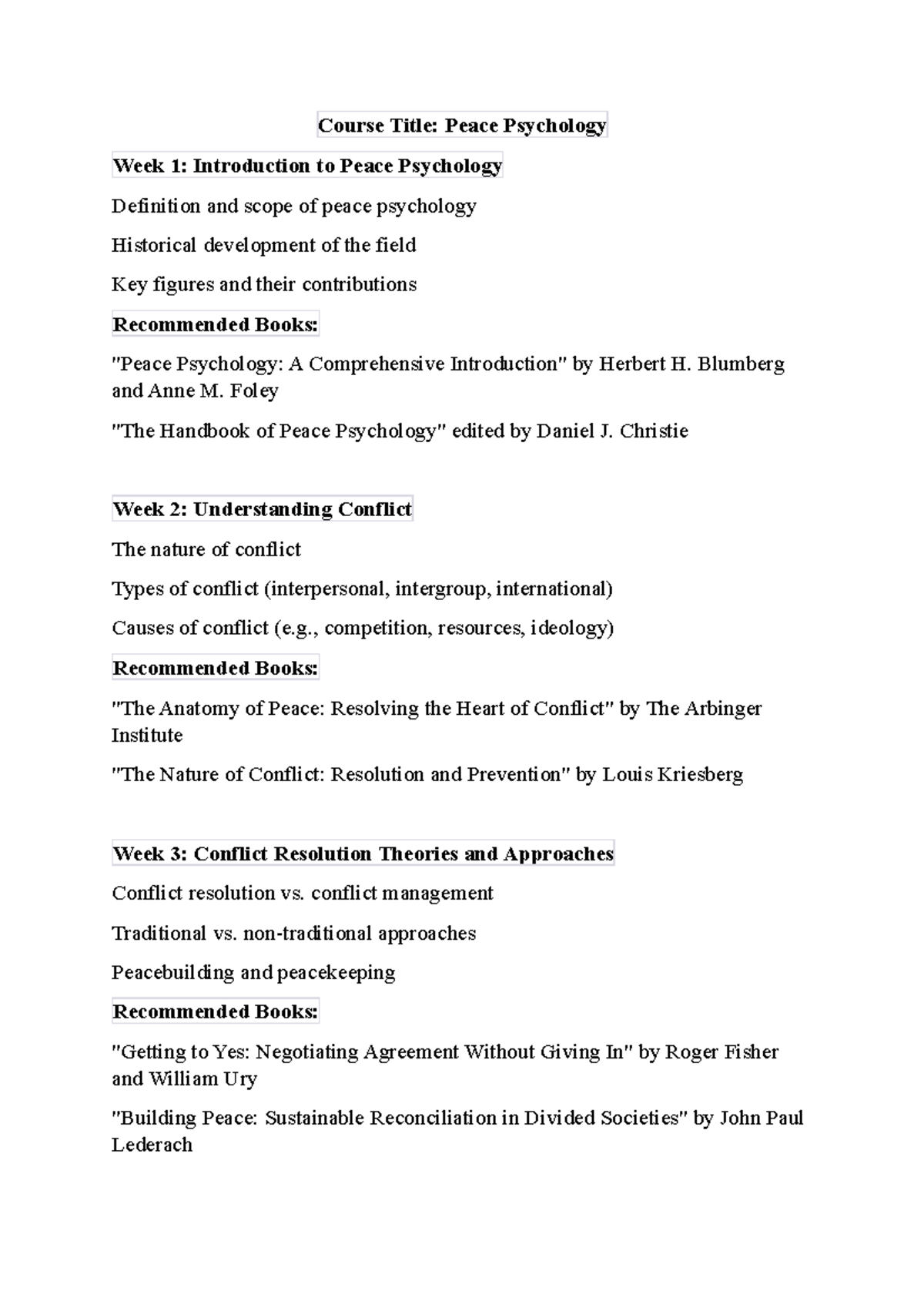 Peace Psychology Course Outline - Course Title: Peace Psychology Week 1 ...