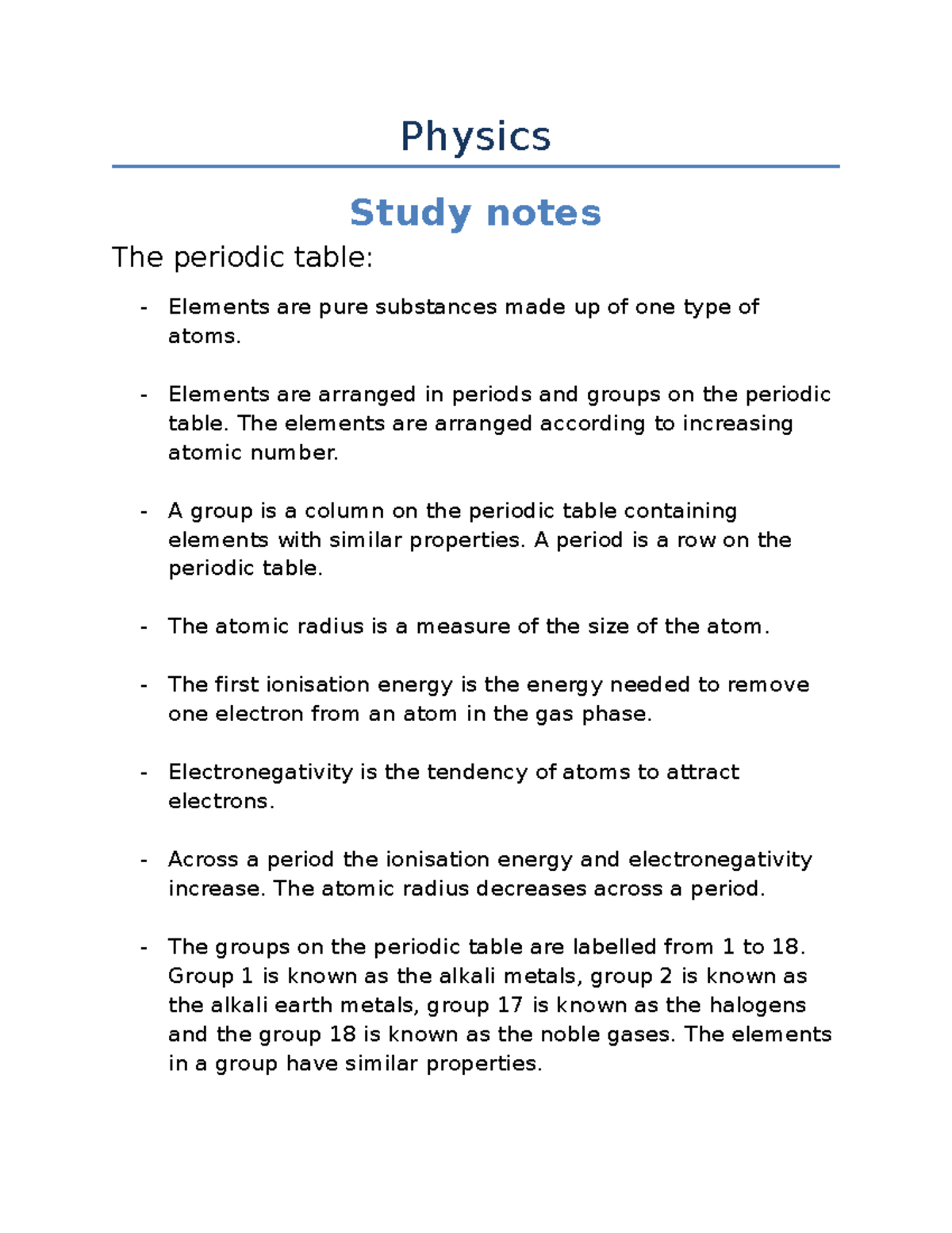 Physics study notes - Physics Study notes The periodic table: Elements ...