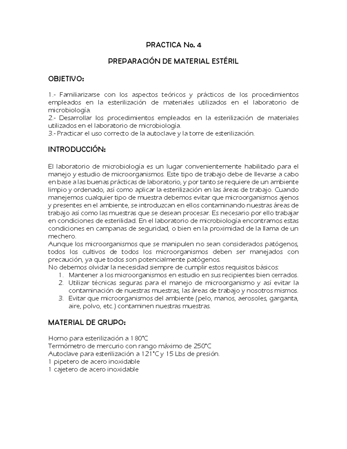 Fatima Vázquez 3C Proyecto - PRACTICA No. 4 PREPARACIÓN DE MATERIAL ESTÉRIL OBJETIVO: 1.- - Studocu