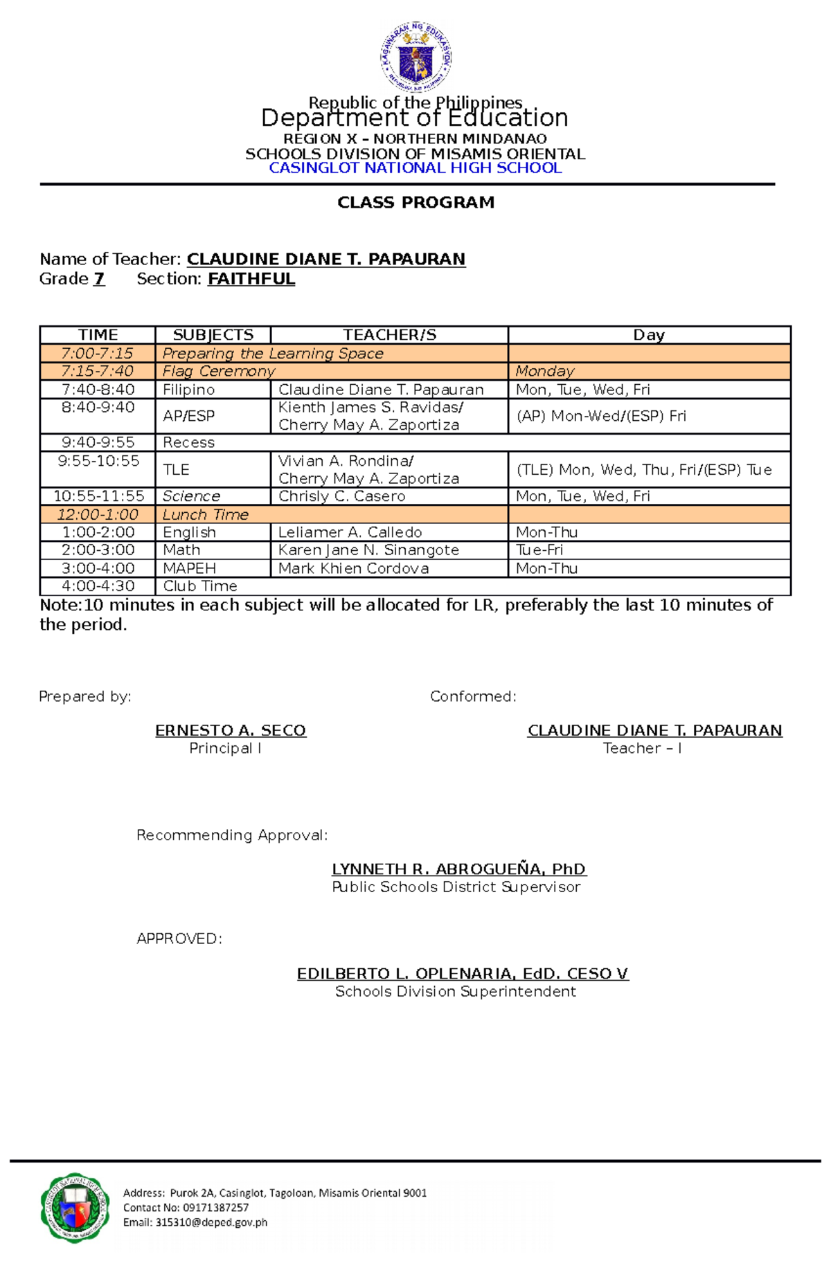 2023 2024 Individual Class Program - CLASS PROGRAM Name of Teacher ...