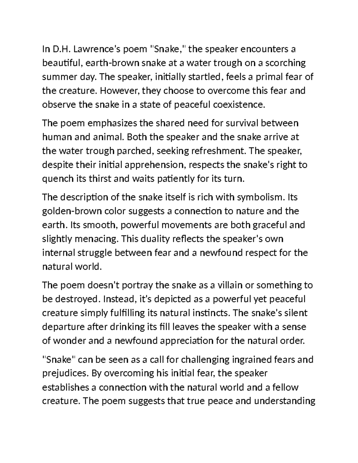 Snake poem summary - In D. Lawrence's poem "Snake," the speaker ...