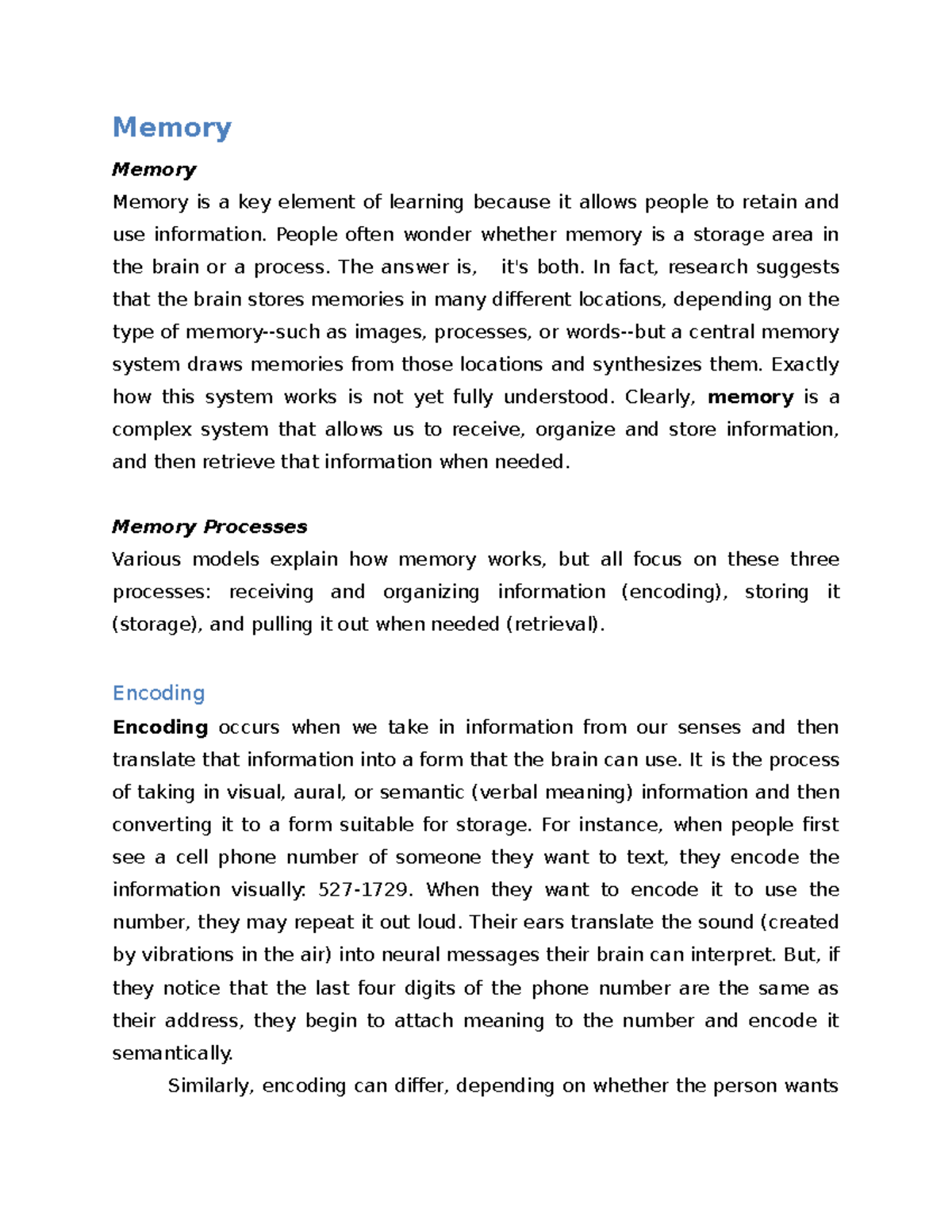 Reading P2 Psych excerpt - Memory Memory Memory is a key element of ...