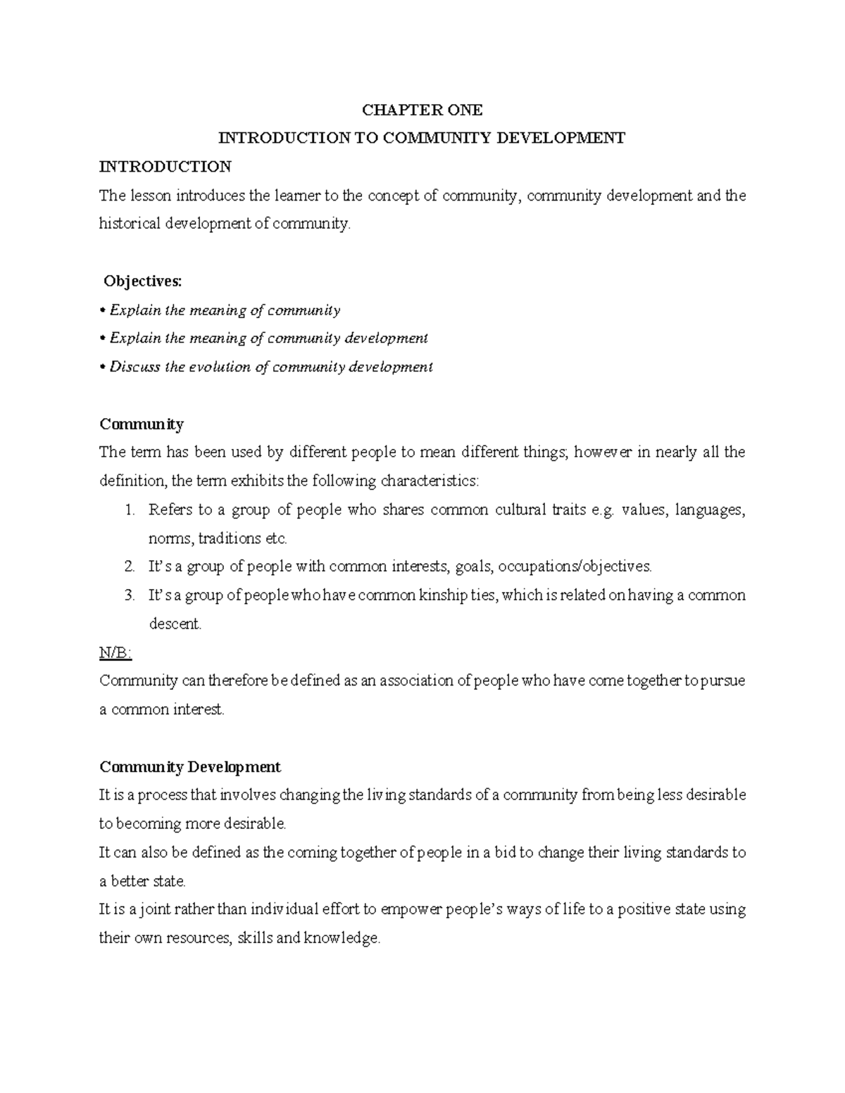 Gitari Community development Notes - CHAPTER ONE INTRODUCTION TO ...