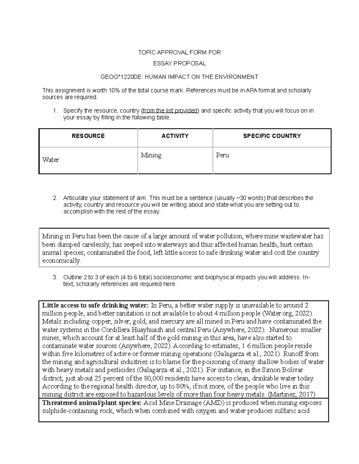 Peru water pol. essay prop - TOPIC APPROVAL FORM FOR ESSAY PROPOSAL ...