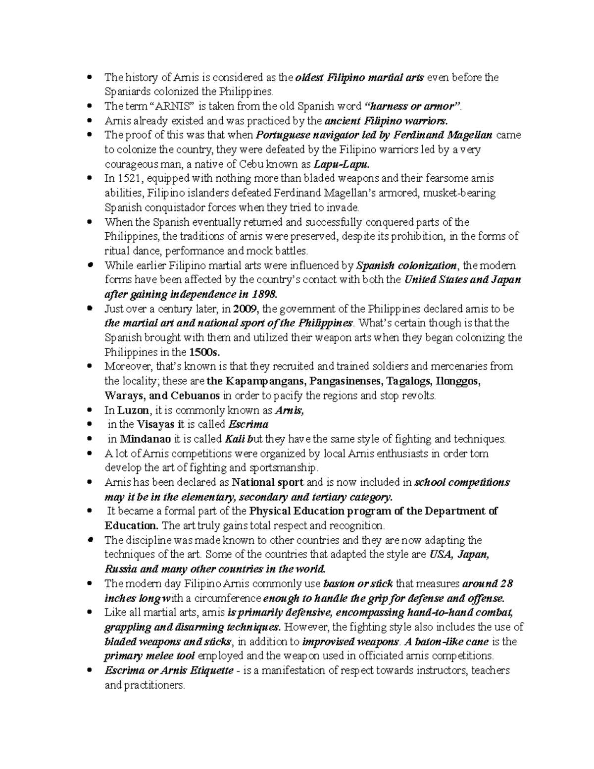 PE Yarn - PATHFIT Notes - The history of Arnis is considered as the ...