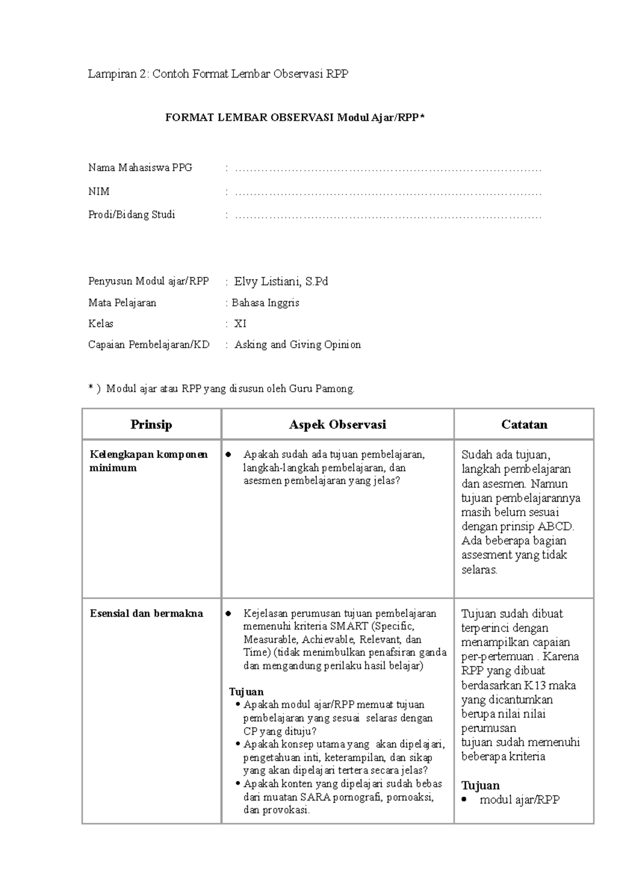 Lembar Observasi RPP - ANALISIS RPP - Lampiran 2: Contoh Format Lembar ...