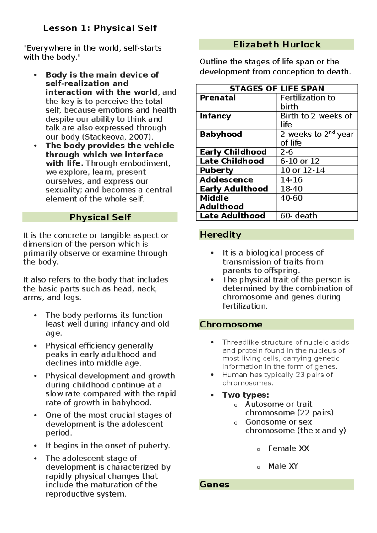 Physical self - notes - Lesson 1: Physical Self "Everywhere in the ...