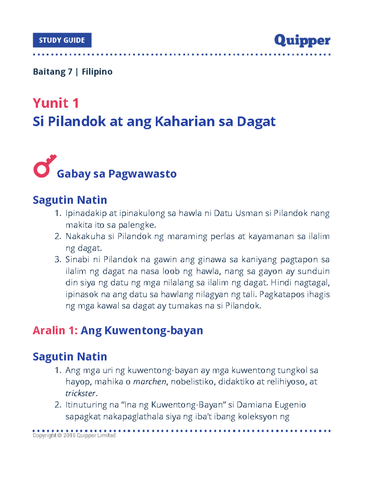 F7 U1 Answer Key - LESSON - Baitang 7 | Filipino Yunit 1 Si Pilandok at ...