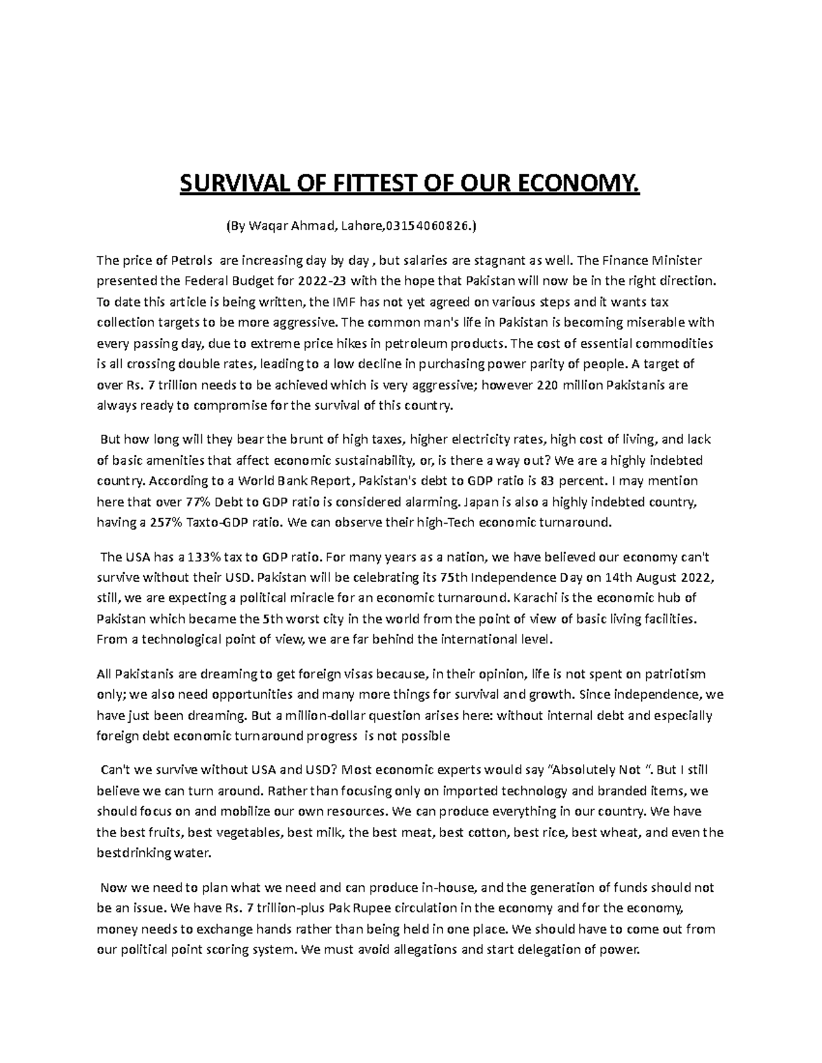 Survival OF Fittest OF OUR Economy - SURVIVAL OF FITTEST OF OUR ECONOMY ...
