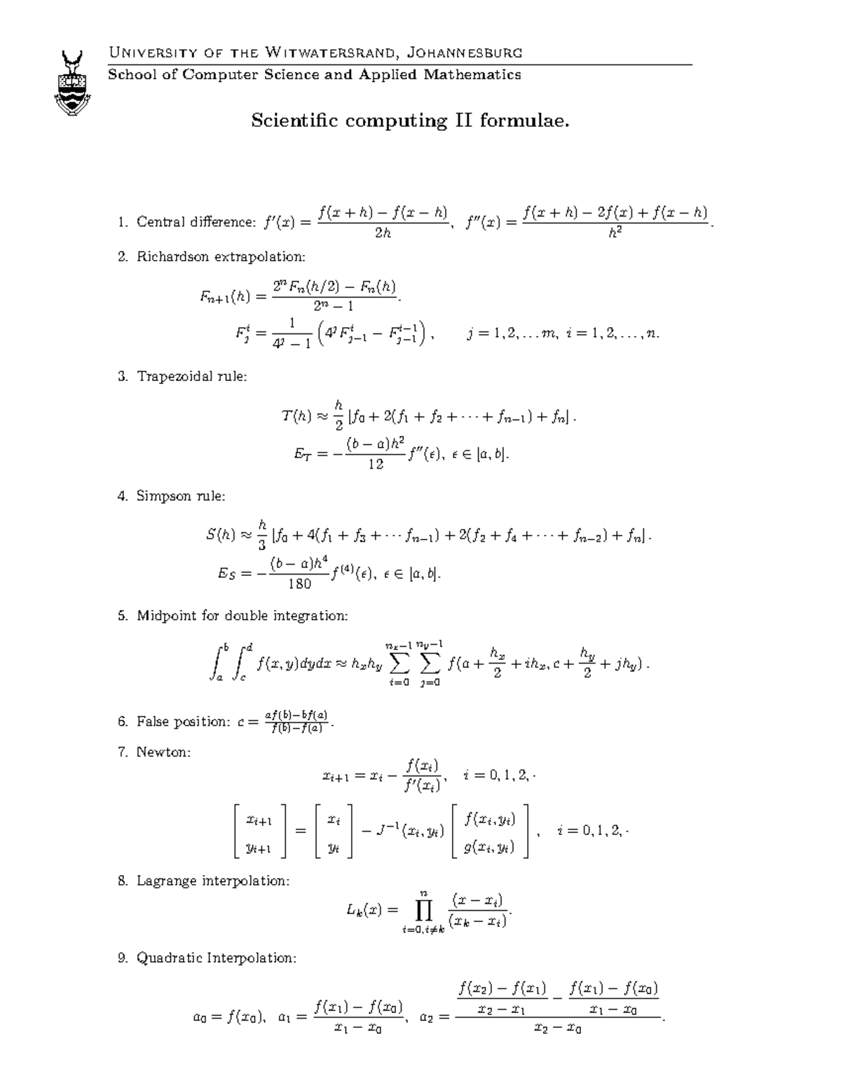 Formulae - University of the Witwatersrand, Johannesburg School of ...
