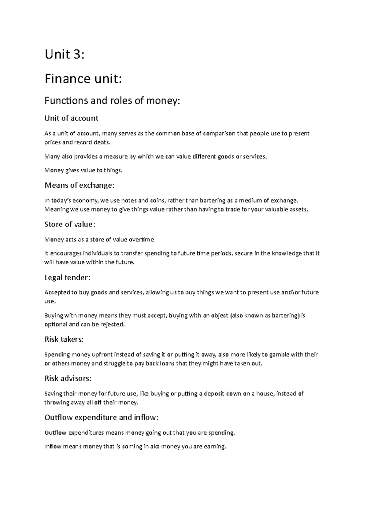 Unit 3 finance unit - Unit 3: Finance unit: Functions and roles of ...