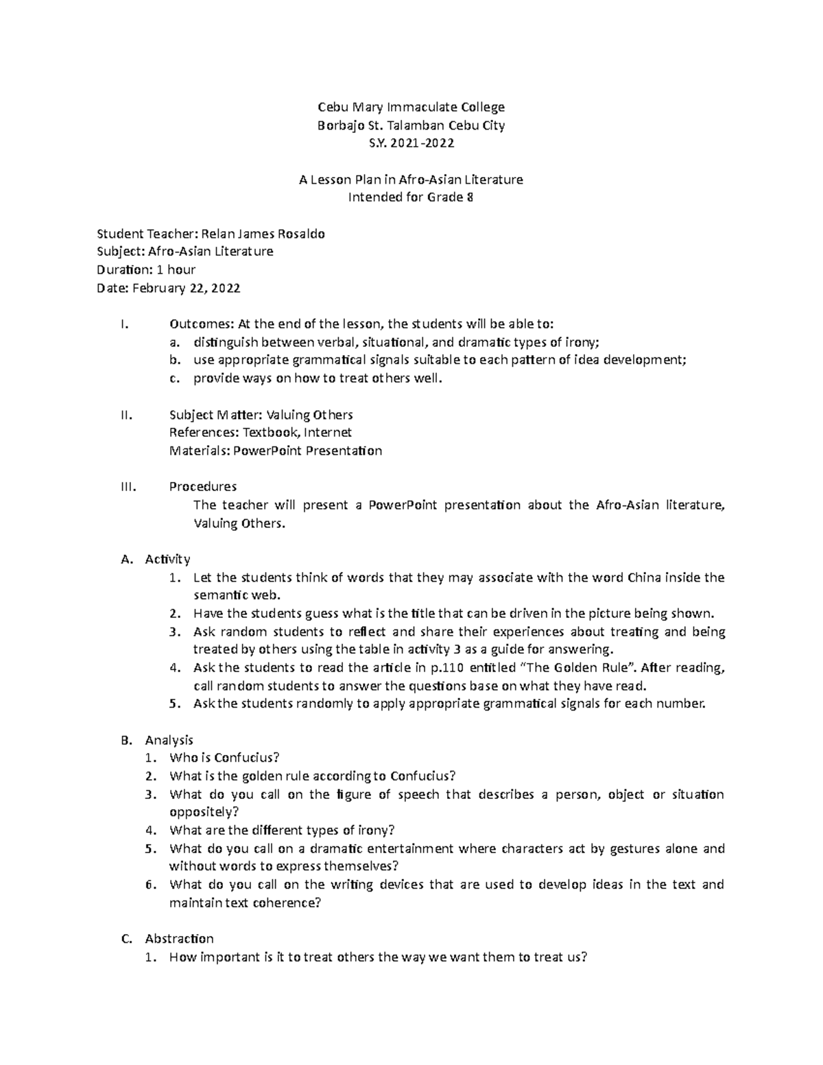 Lesson Plan 2 (Valuing Others) - Cebu Mary Immaculate College Borbajo ...