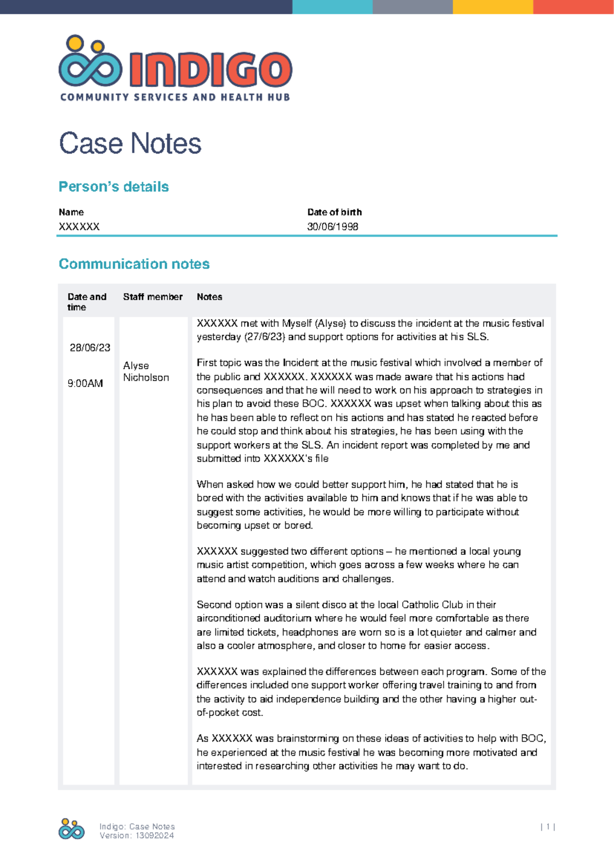CASE Notes 3 Deidentified - Indigo: Case Notes | 1 | Version: 13092024 ...