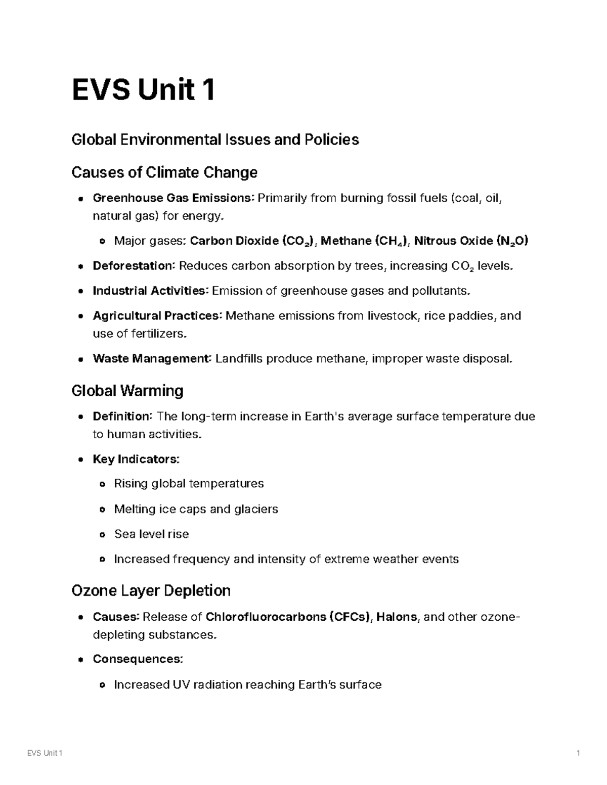 EVS Unit 1 - EVS Unit 1 Global Environmental Issues and Policies Causes of Climate Change ...
