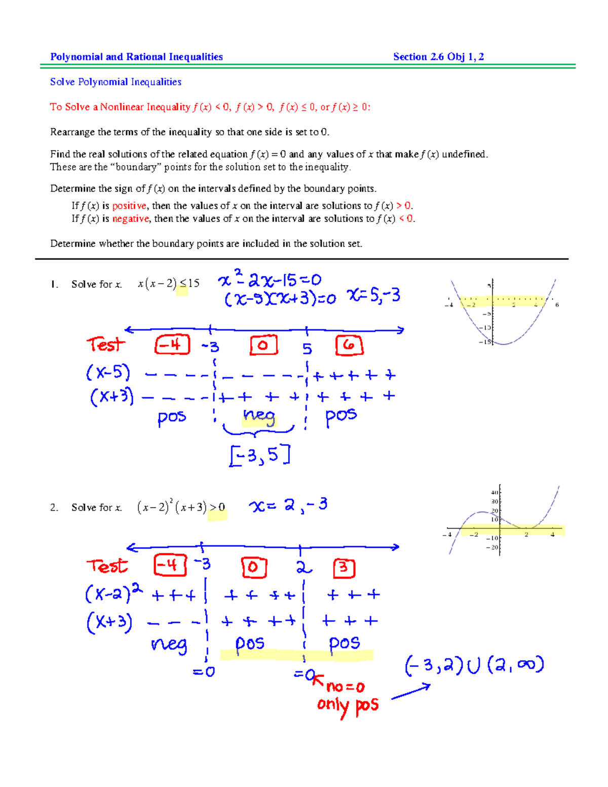 2.6 Solutions Obj 1, 2 - Polynomial and Rational Inequalities Section 2 ...