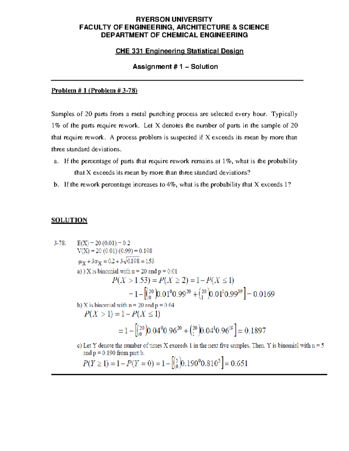 Assignment 1 Solution - a1 solns - RYERSON UNIVERSITY FACULTY OF ENGINEERING, ARCHITECTURE ...