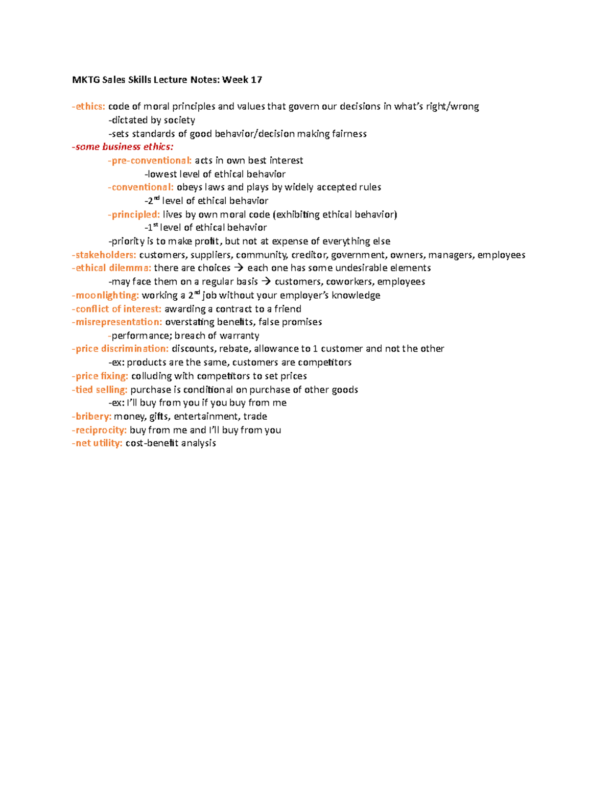 Mktg Lecture Notes Week 17 Mktg Sales Skills Lecture Notes Week 17