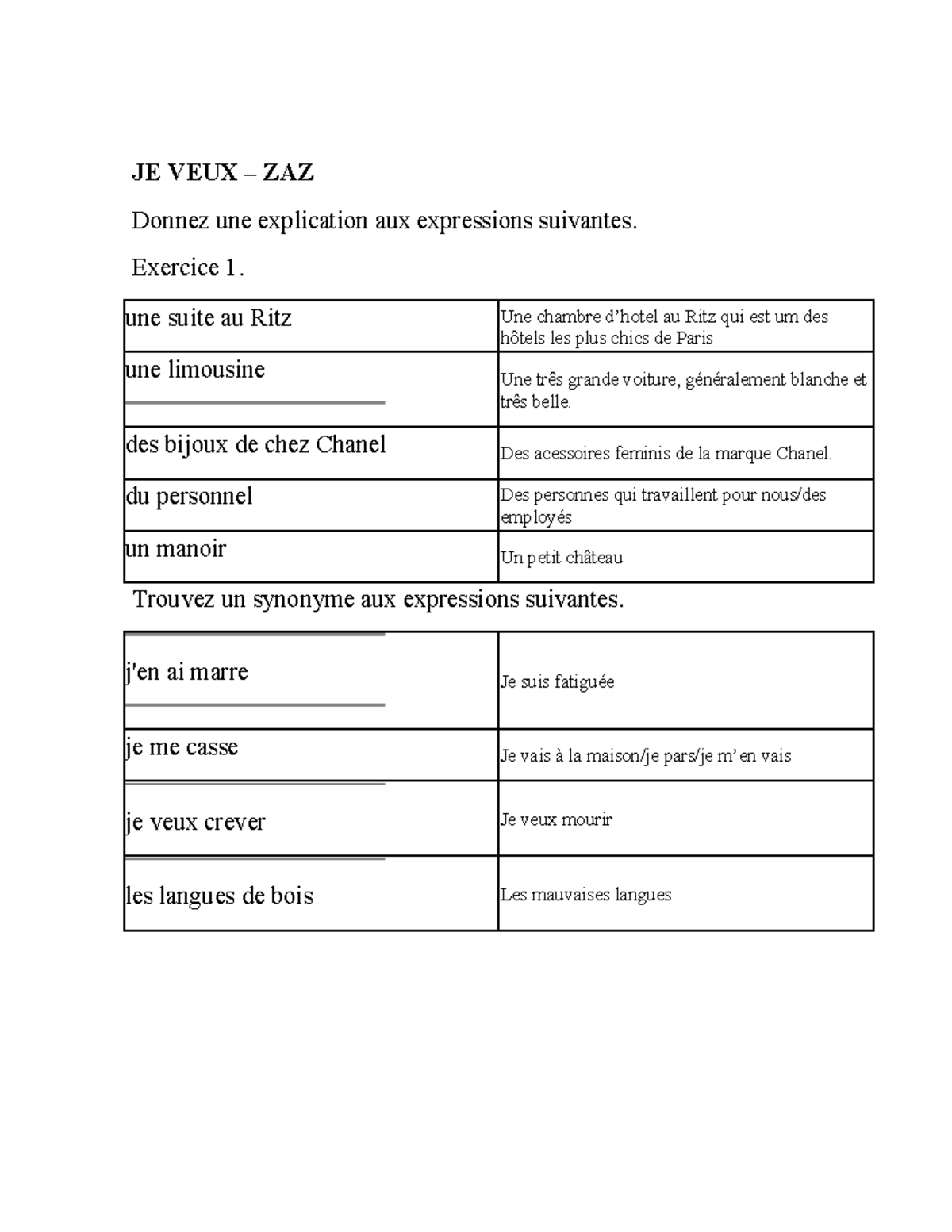 JE VEUX – ZAZ - documento aula - JE VEUX – ZAZ Donnez une explication ...