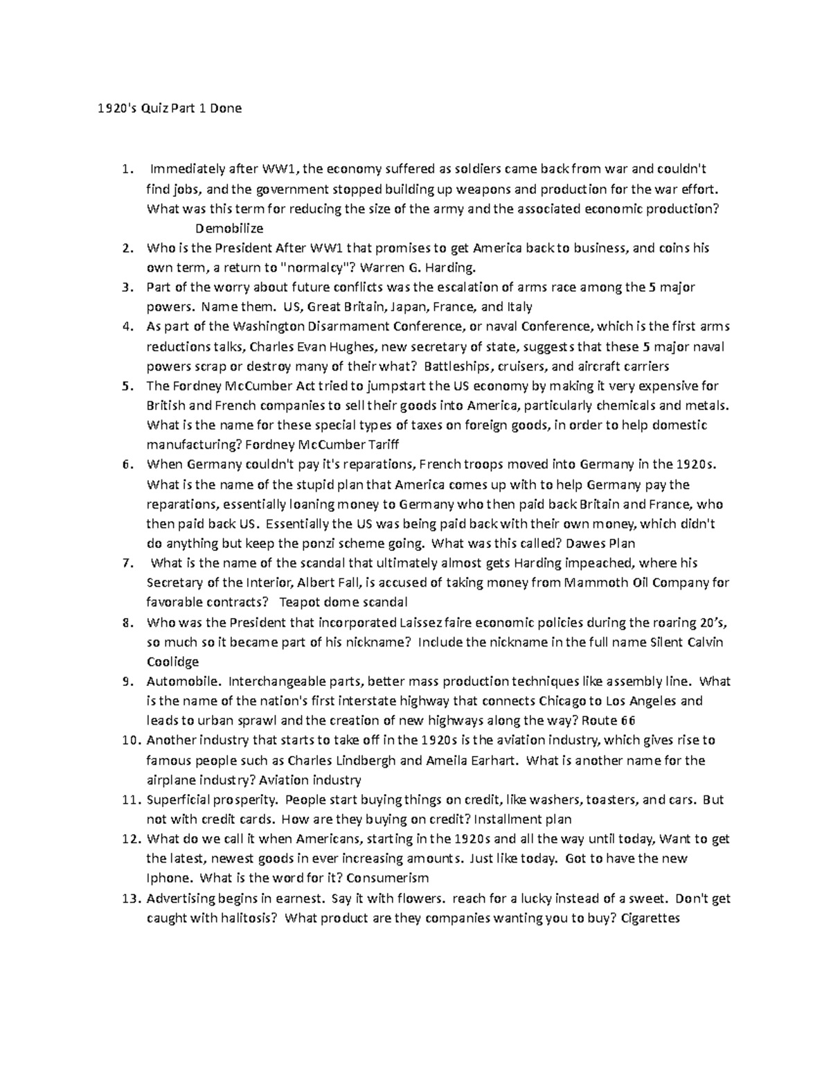1920s Quiz Part 1 - assigned - 1920's Quiz Part 1 Done 1. Immediately ...