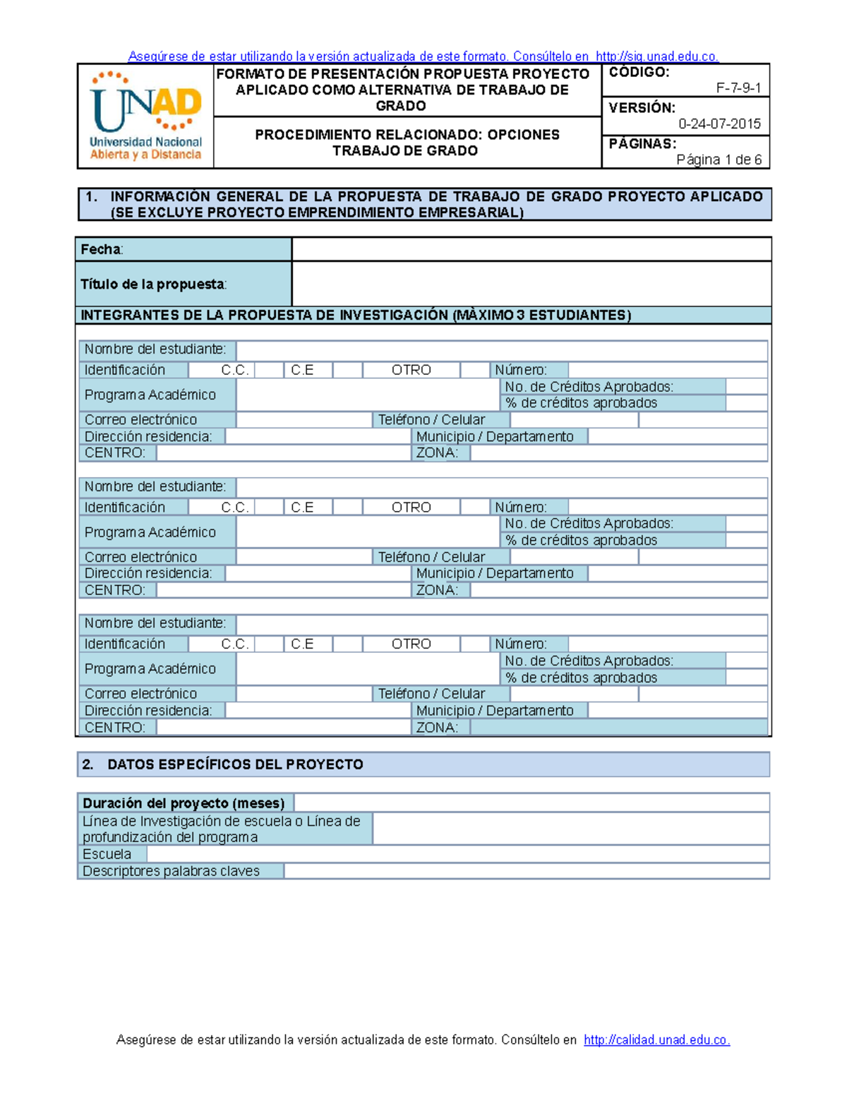 Formato Proyecto Aplicado - FORMATO DE PRESENTACIÓN PROPUESTA PROYECTO ...