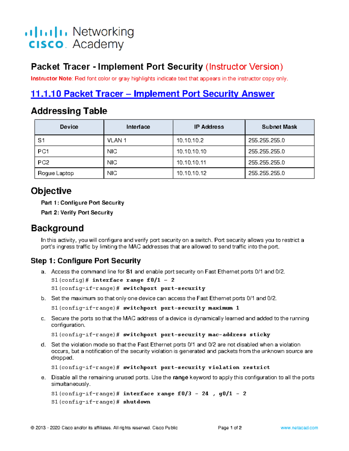 11.1.10 Packet Tracer - Implement Port Security - ITExam Answers - 2013 - 2020 Cisco and/or its ...