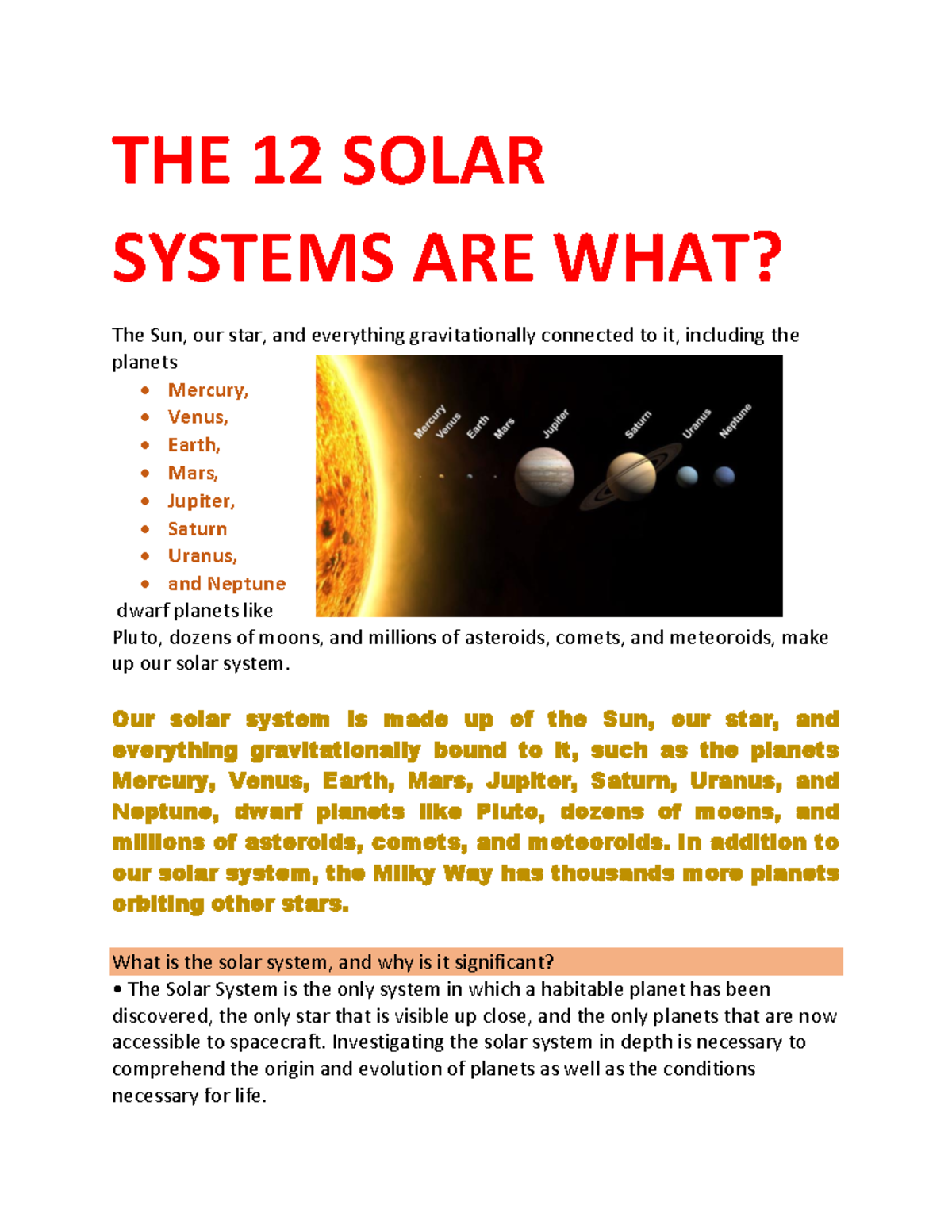 Science - THE 12 SOLAR SYSTEMS ARE WHAT? The Sun, our star, and ...
