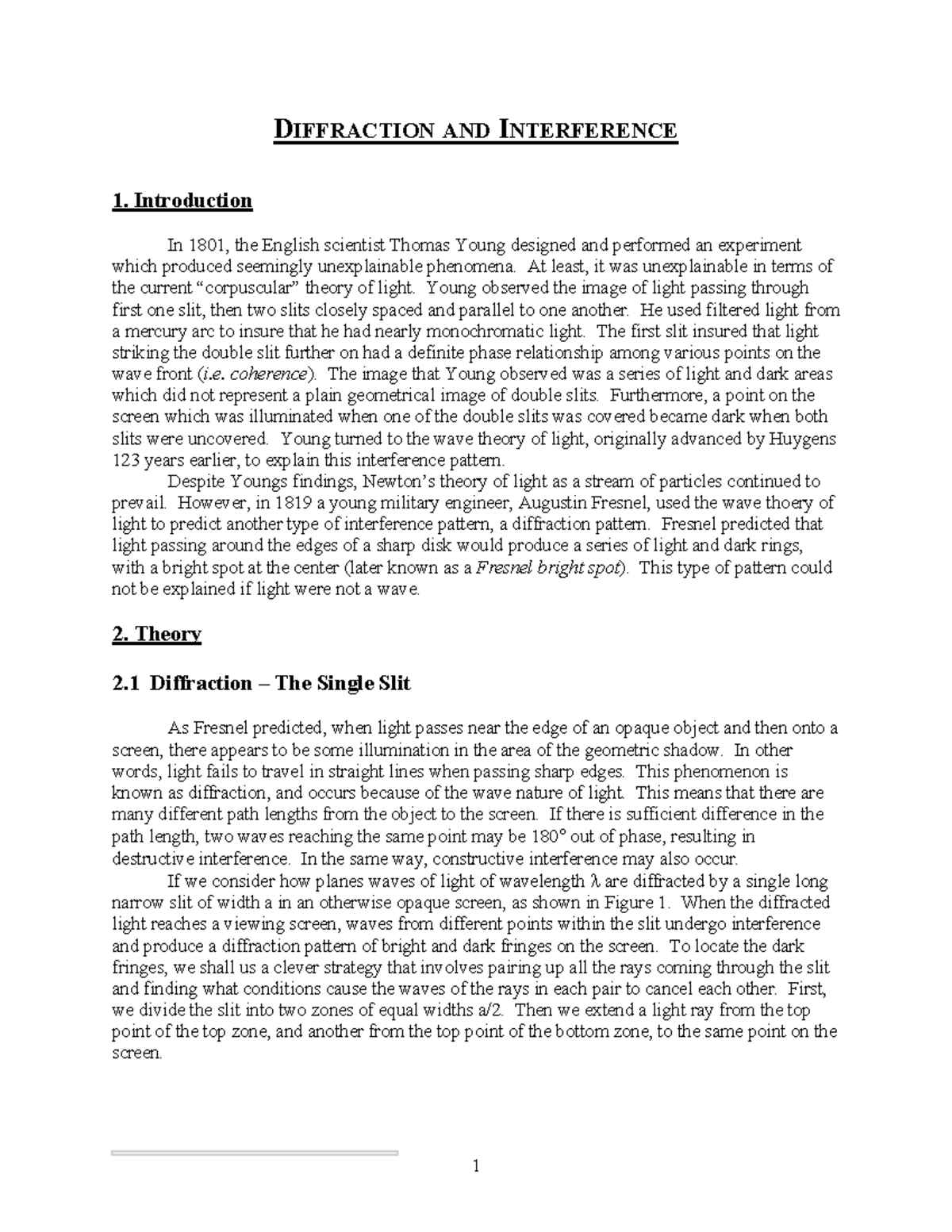 Interference - DIFFRACTION AND INTERFERENCE 1. Introduction In 1801 ...