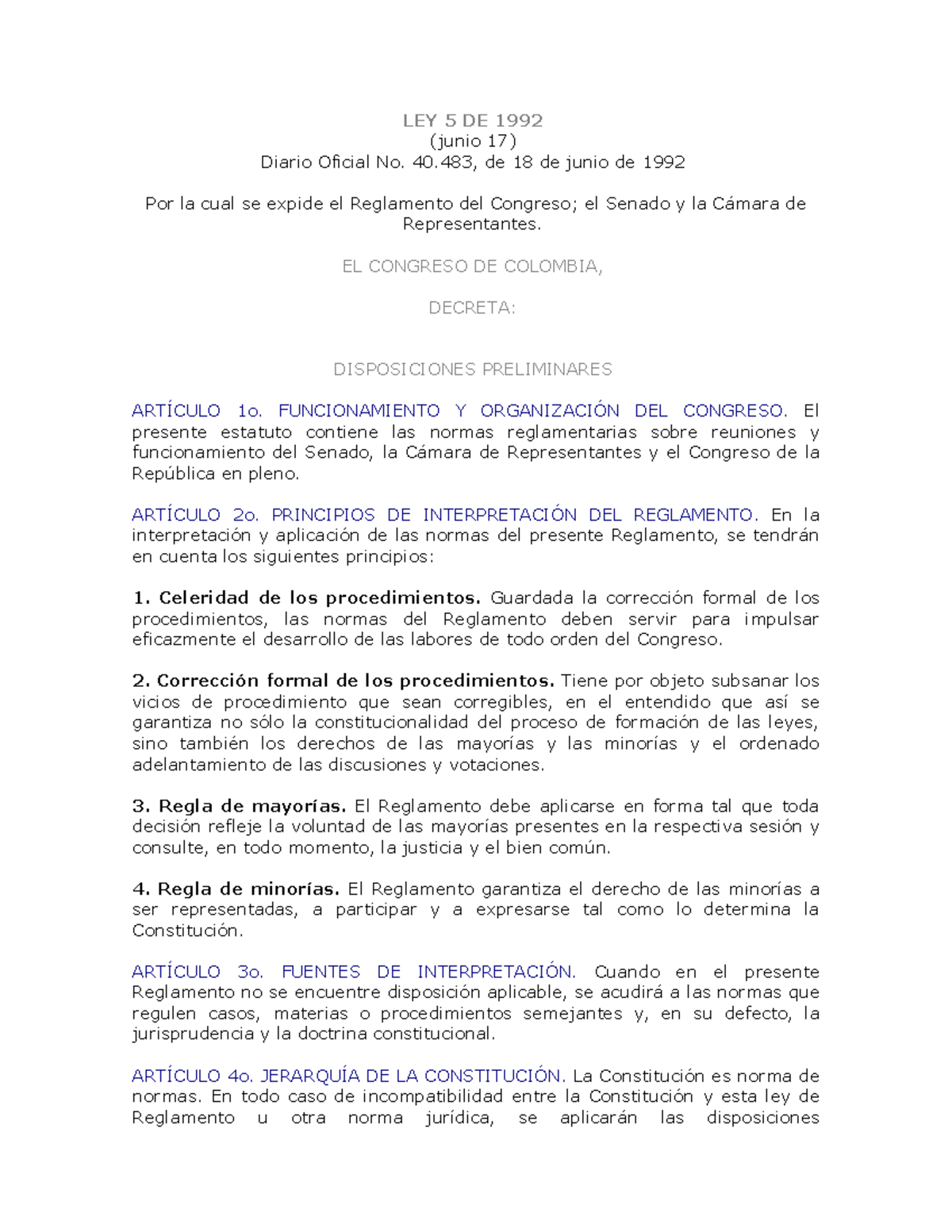Ley 5ta sobre el congreso - LEY 5 DE 1992 (junio 17) Diario Oficial No ...