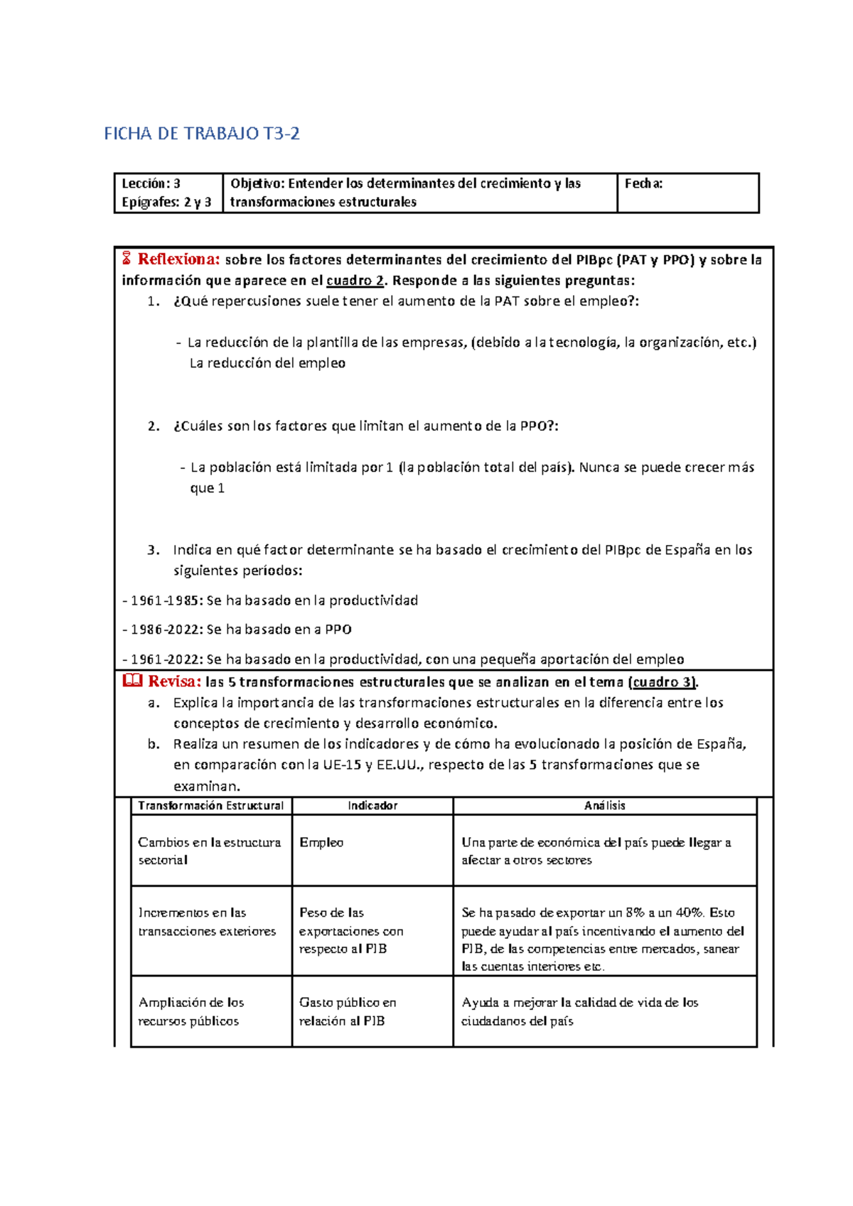 Ficha T3-2 - FICHA DE TRABAJO T3- 2 Lección: 3 Epígrafes: 2 y 3 Objetivo: Entender los ...
