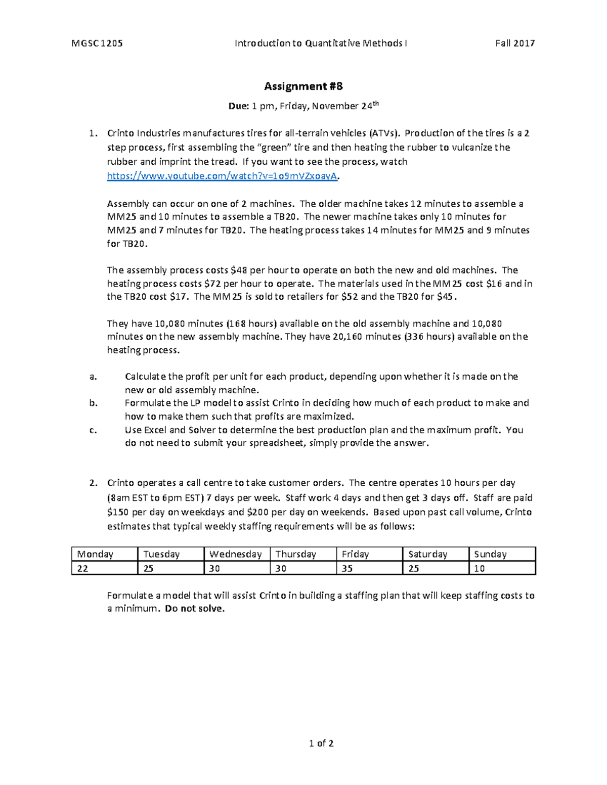 Assignment 8rev MGSC1205 fall 2017 - MGSC 1205 Introduction to Quantitative Methods I Fall 2017 ...