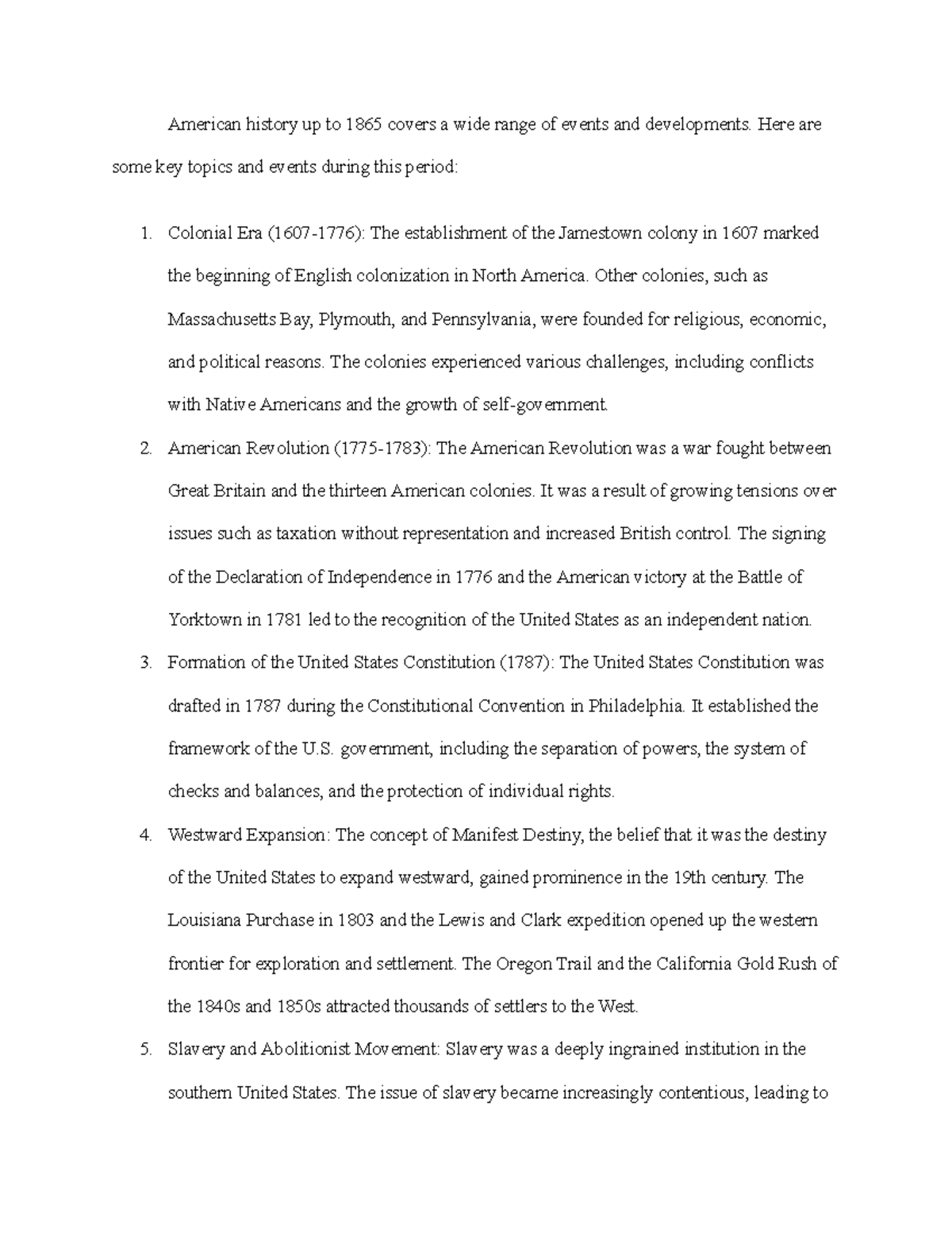 American Histroy to 1865 - American history up to 1865 covers a wide ...