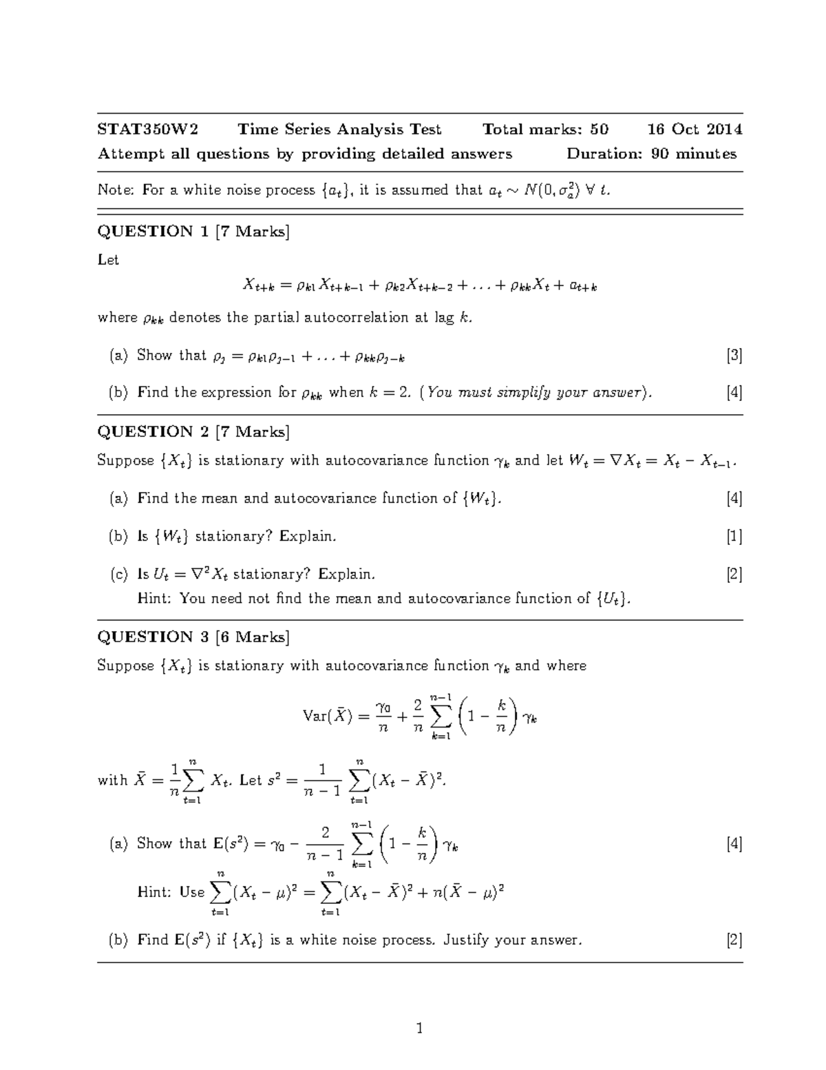 2014 Time Series Test - STAT350W2 Time Series Analysis Test Total marks ...