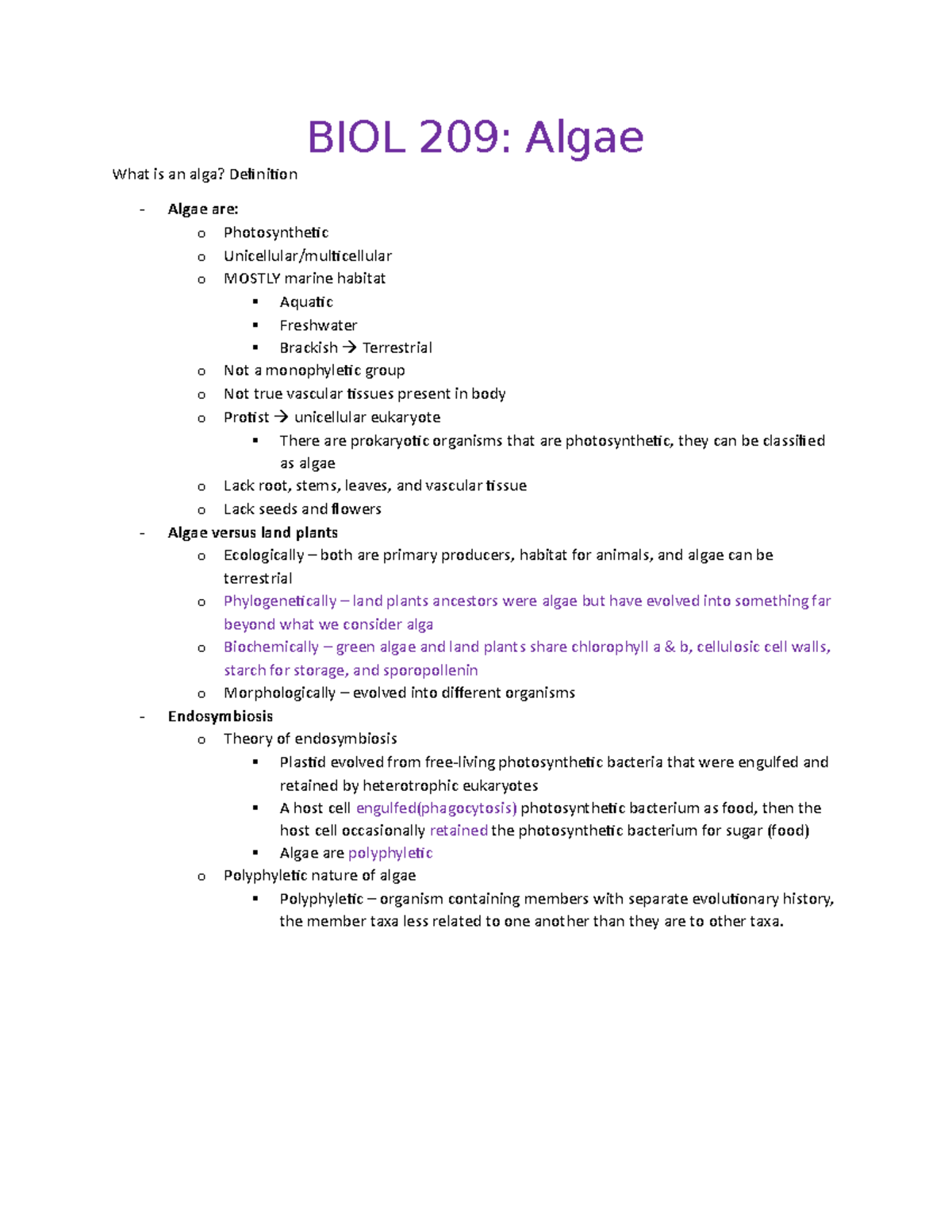 BIOL 209 Algae Notes - BIOL 209: Algae What is an alga? Definition ...