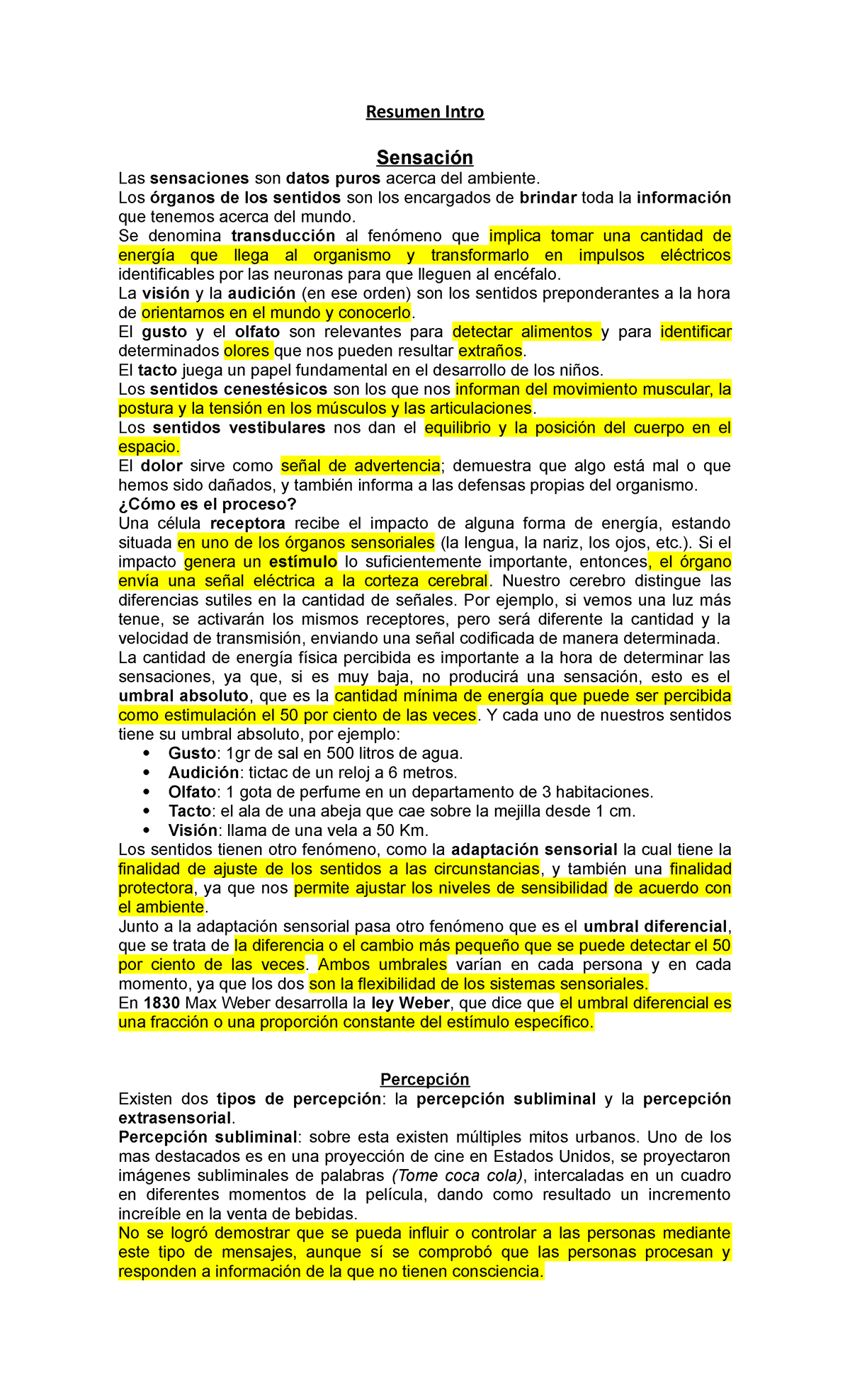 Resumen introduccion - Resumen Intro Sensación Las sensaciones son ...