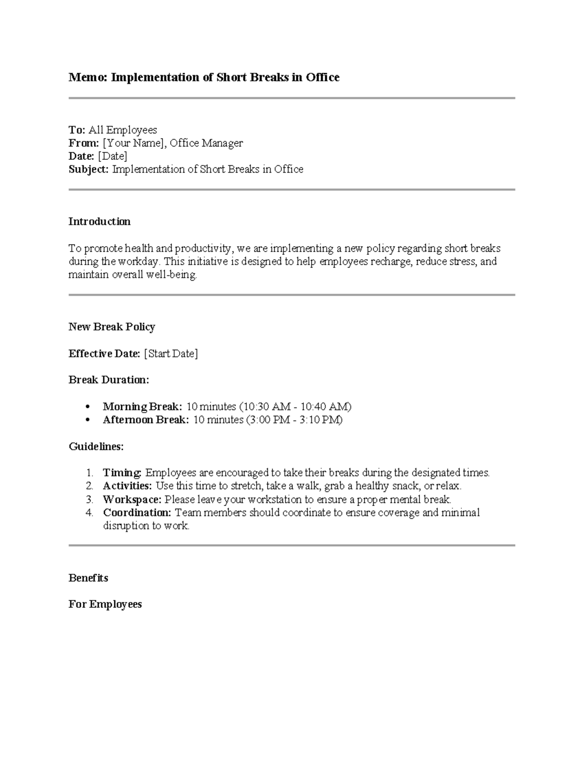 Memo - assignmnent - Memo: Implementation of Short Breaks in Office To ...
