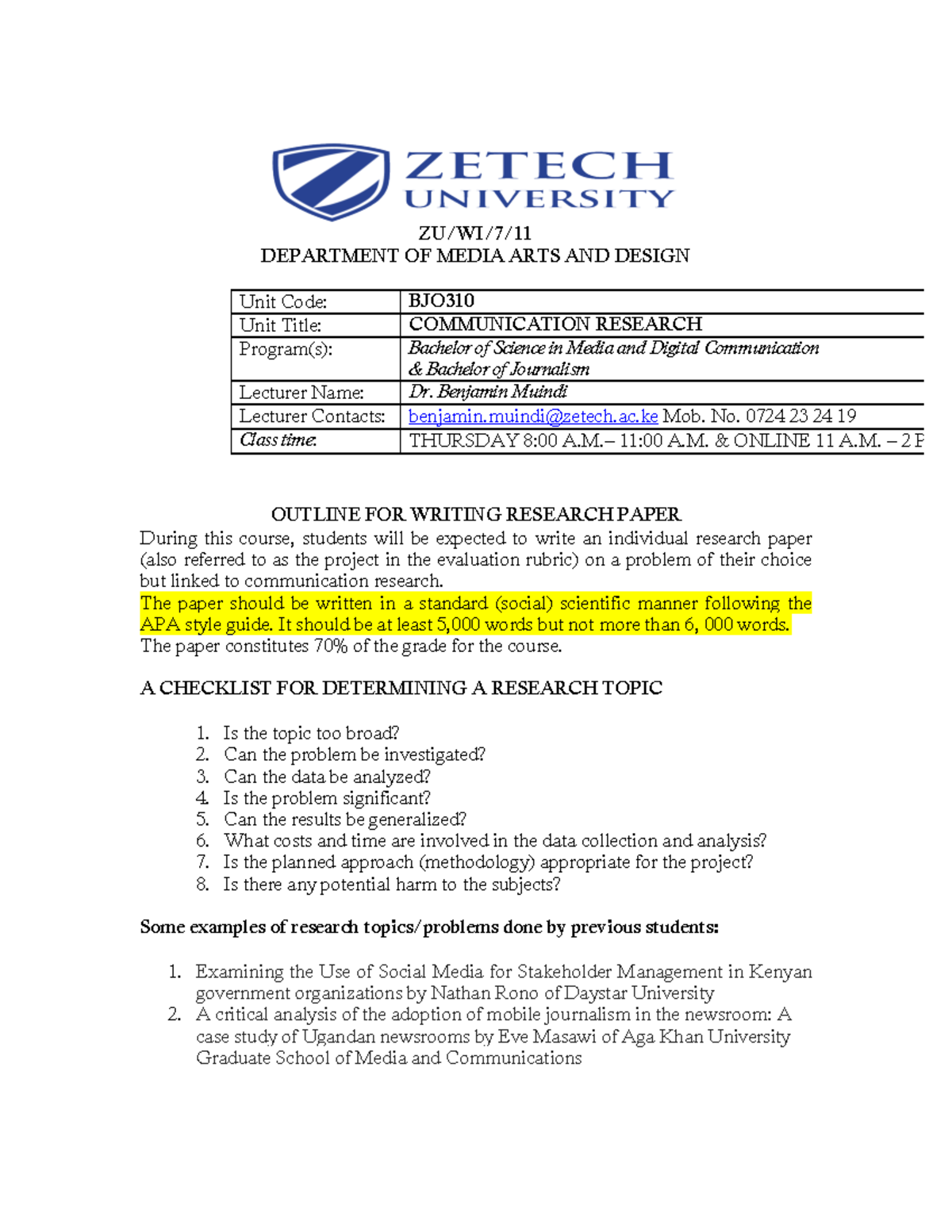 Research project description - ZU/WI/7/ DEPARTMENT OF MEDIA ARTS AND ...