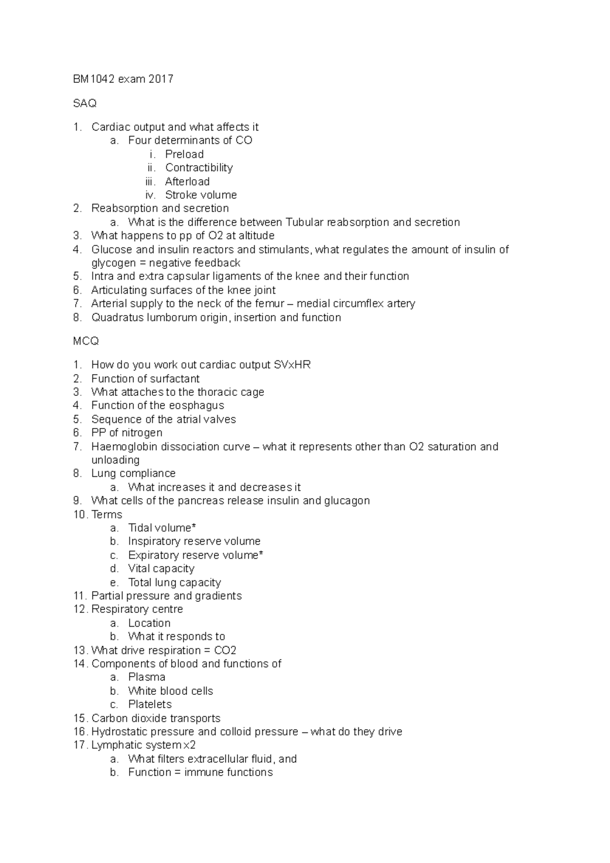 BM1042 exam 2017 - exam notes - BM1042 exam 2017 SAQ 1. Cardiac output ...