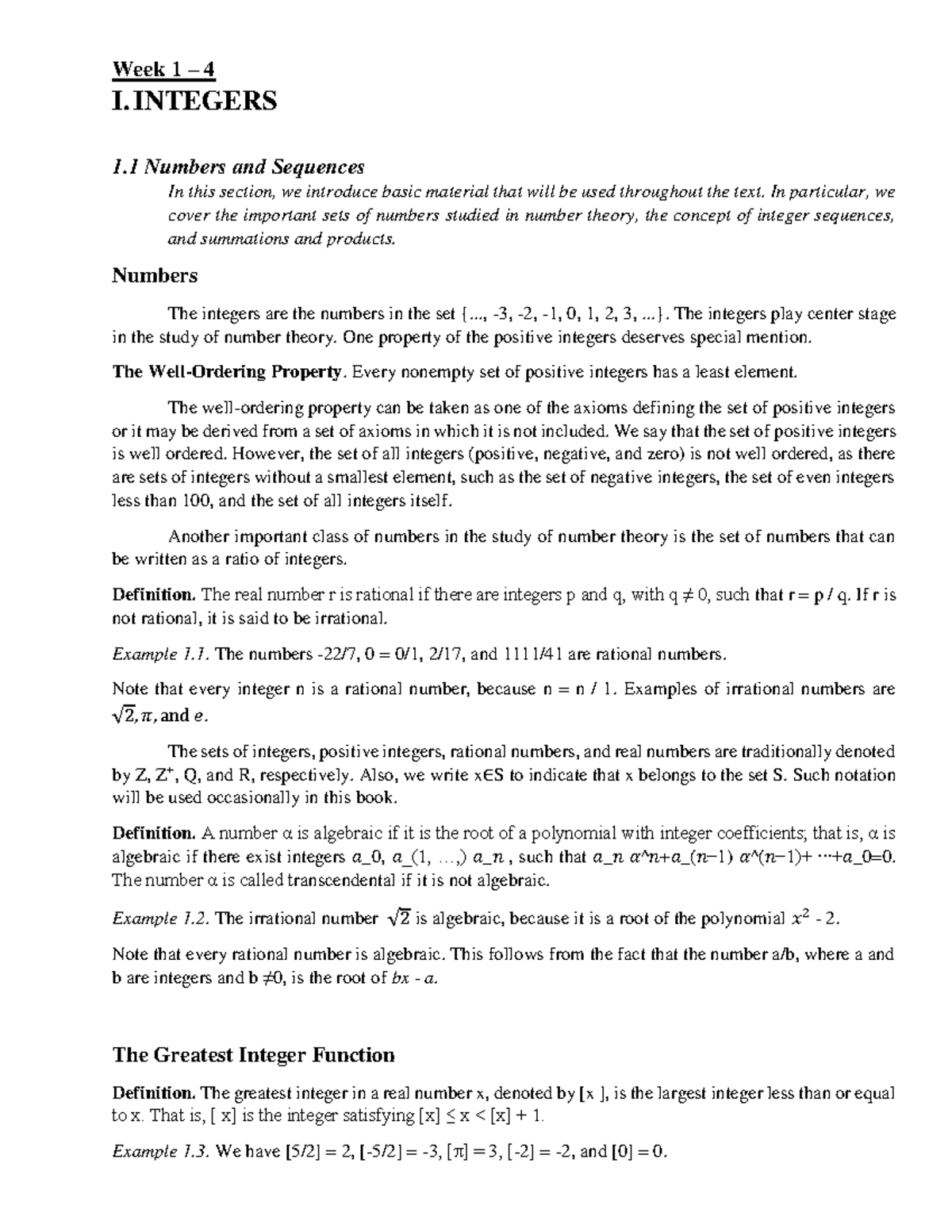 Number Theory Week 1 - 4 - Lesson - Week 1 – 4 I. INTEGERS 1 Numbers ...